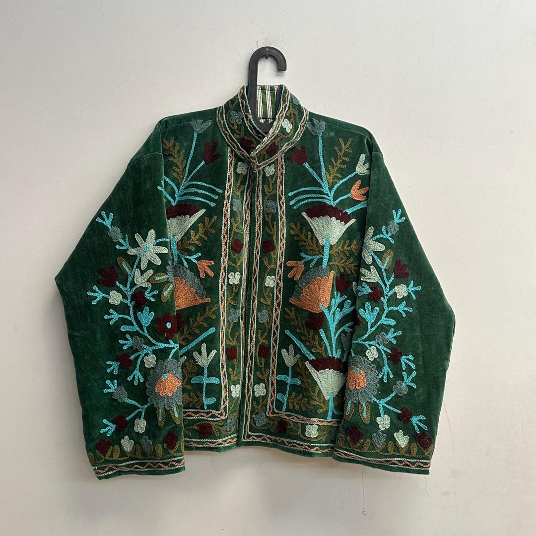 Luxury Green Embroidered Velvet Bolero Jacket, Suzani Boho Crewel ...
