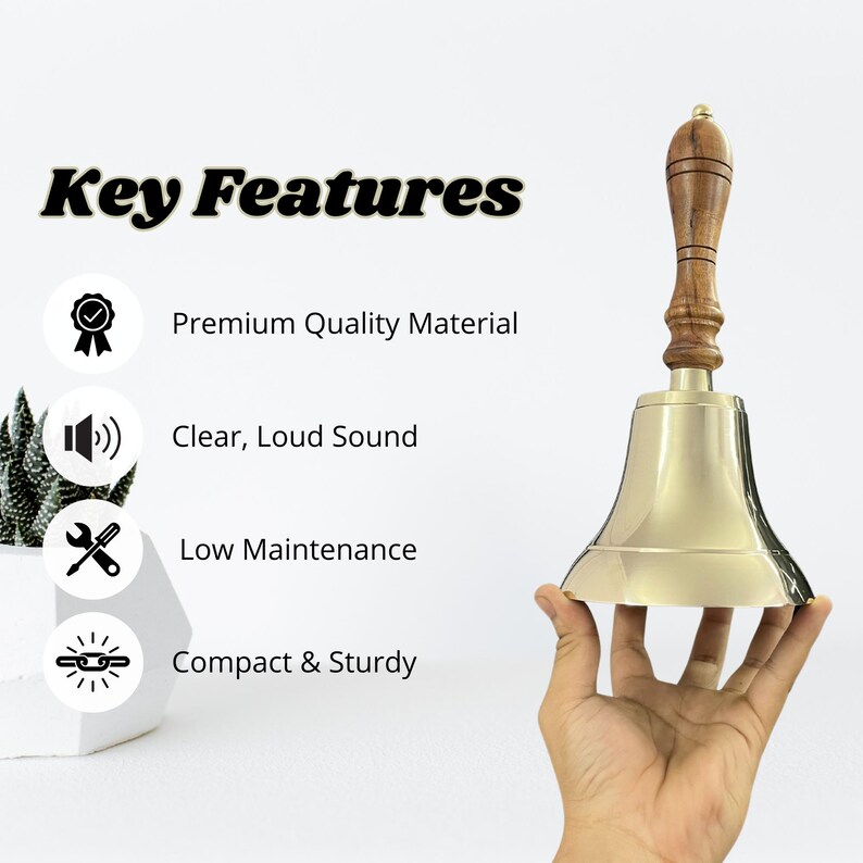 Polished Brass Handheld Bell With Wooden Handle 5": Church, Hotel ...