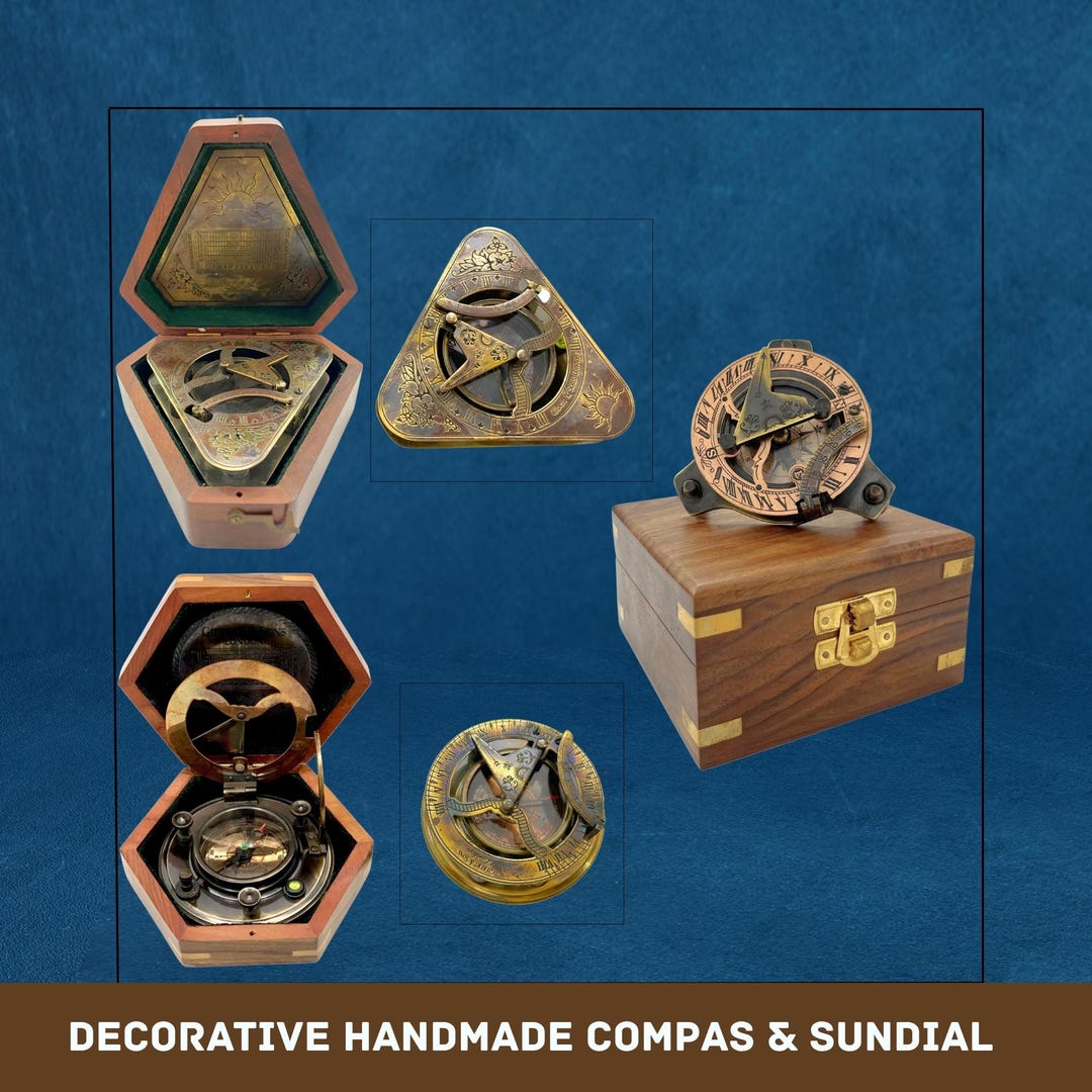 Handmade Brass Sundial Compass: Antique Maritime Decor With Wood Box ...