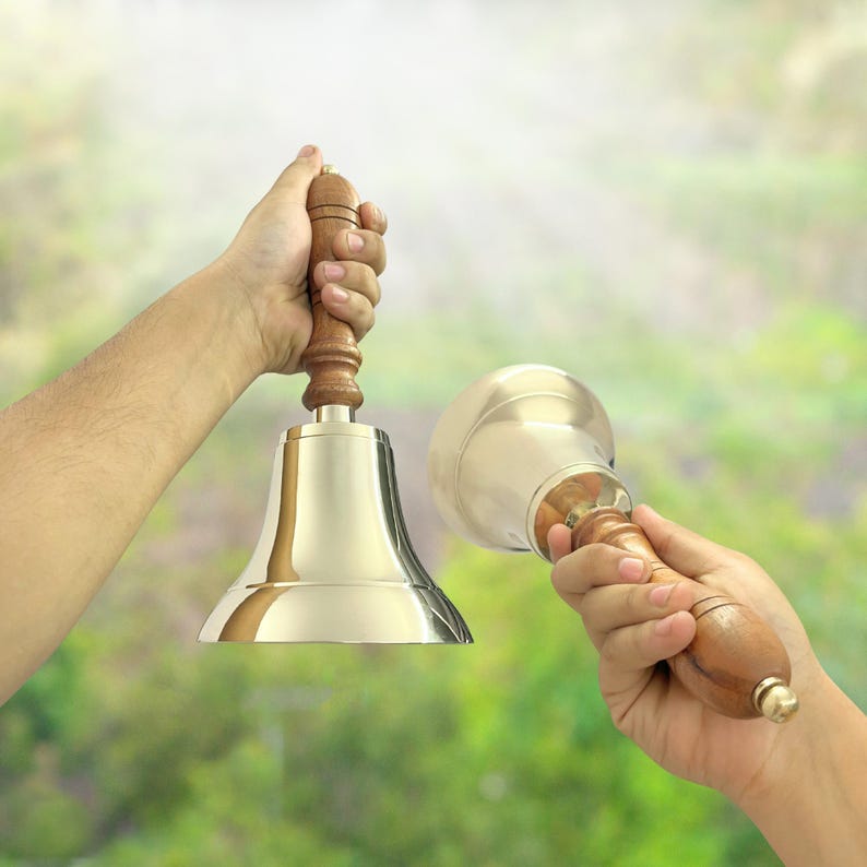 Polished Brass Handheld Bell With Wooden Handle 5": Church, Hotel ...