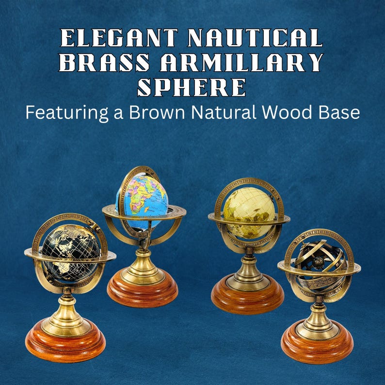 Brass Armillary Sphere Globe: Jet Black & Brown Wooden Base, Vintage ...