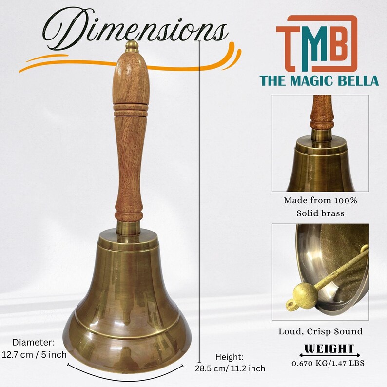 Polished Brass Handheld Bell With Wooden Handle 5": Church, Hotel ...