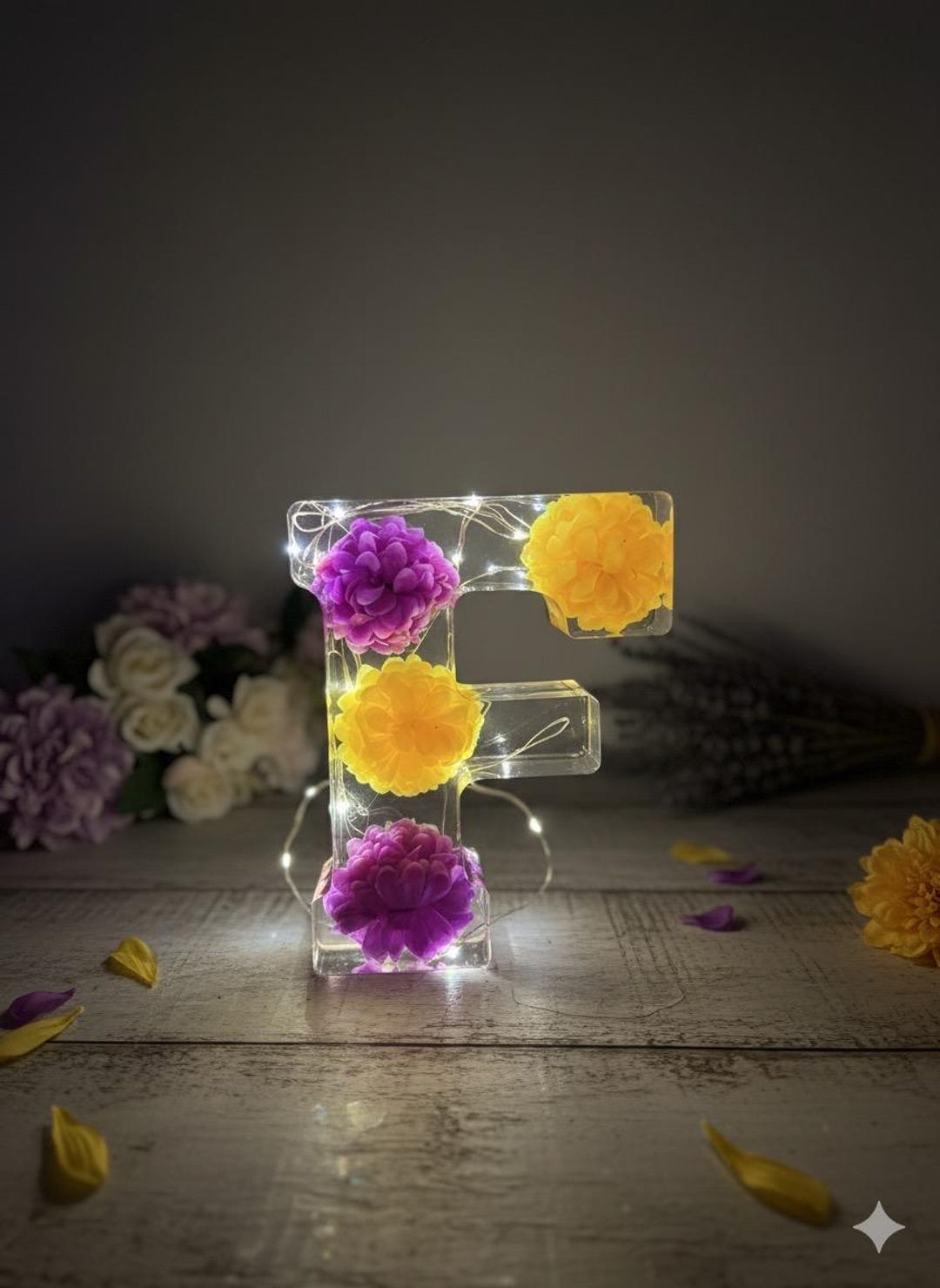 Floral Resin Letter Lamp | Personalized LED Initial Night Light - Etsy
