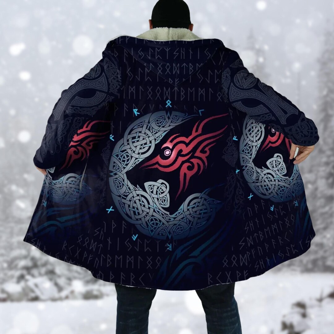 Celtic Wolf Hooded Cloak Coat, Blue Viking Wolf Knotwork, Nordic Rune ...