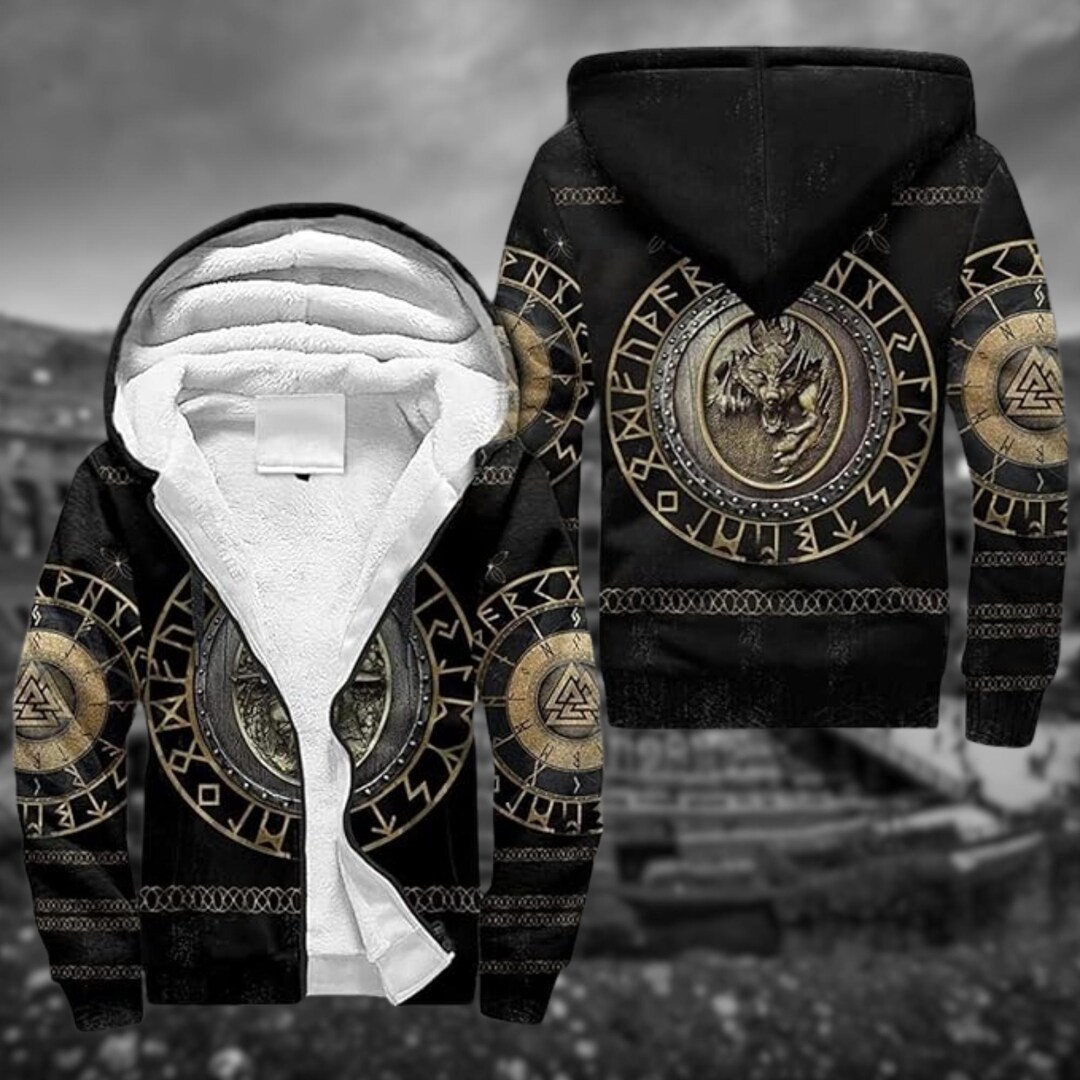Viking Fenrir Wolf Fleece Zip Hoodie, Norse Mythology Rune Jacket ...