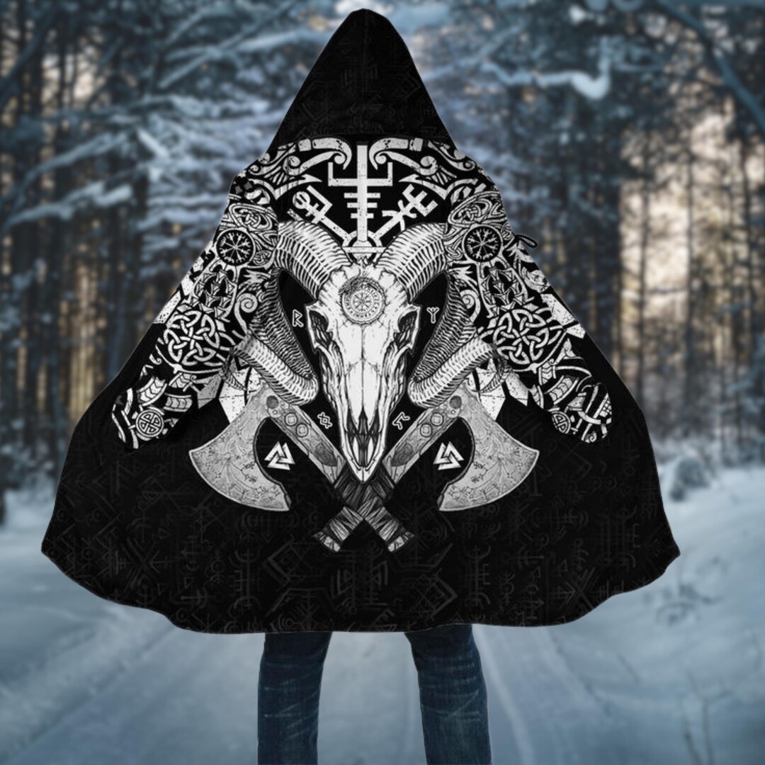 Viking Warrior Hooded Cloak Coat, Nordic Ram Skull and Battle Ax 3D ...