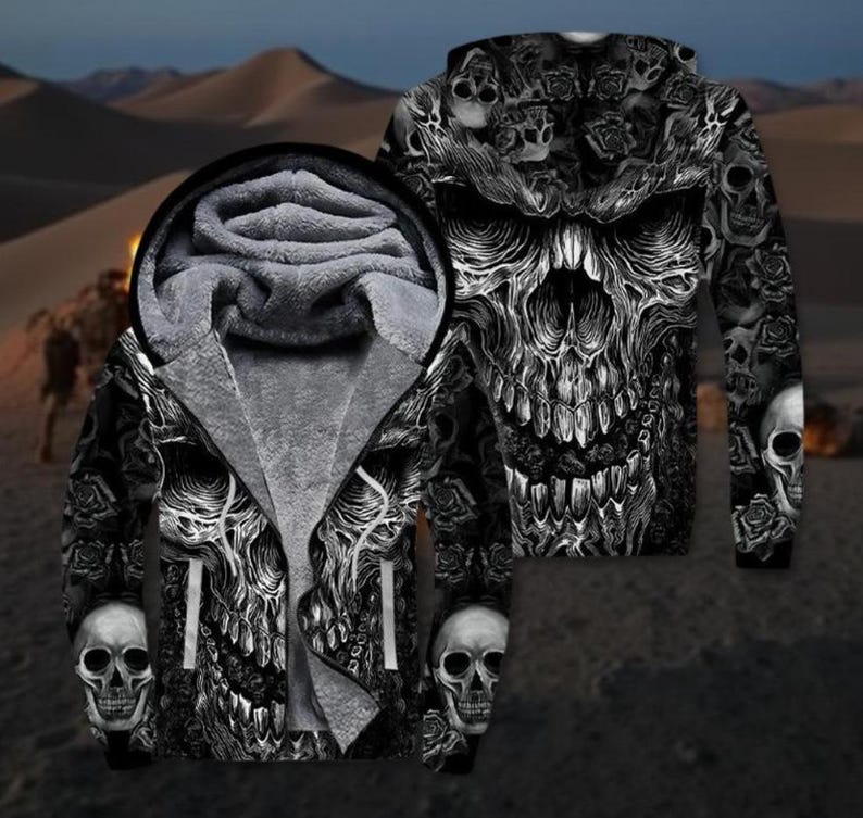 Skull Graphic Zip Hoodie, Gothic Streetwear Sweatshirt With All Over ...