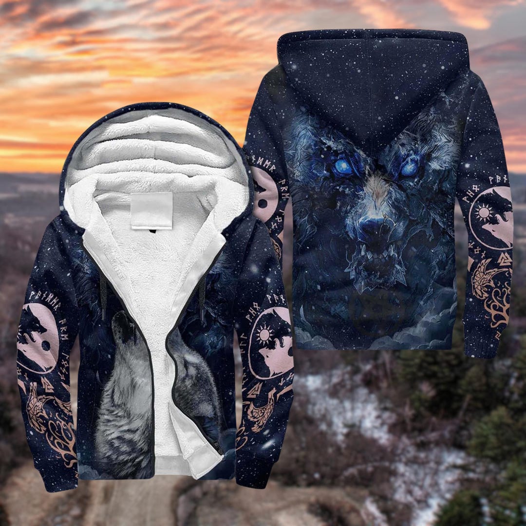Galaxy Viking Wolf Sherpa Fleece Zip Hoodie, Norse Mythology Full Zip ...