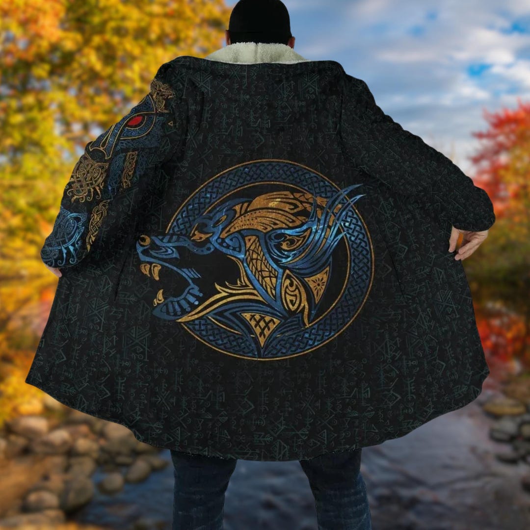 Fenrir Wolf Rune Hooded Cloak Coat, Blue & Gold Nordic Wolf Knot, All ...