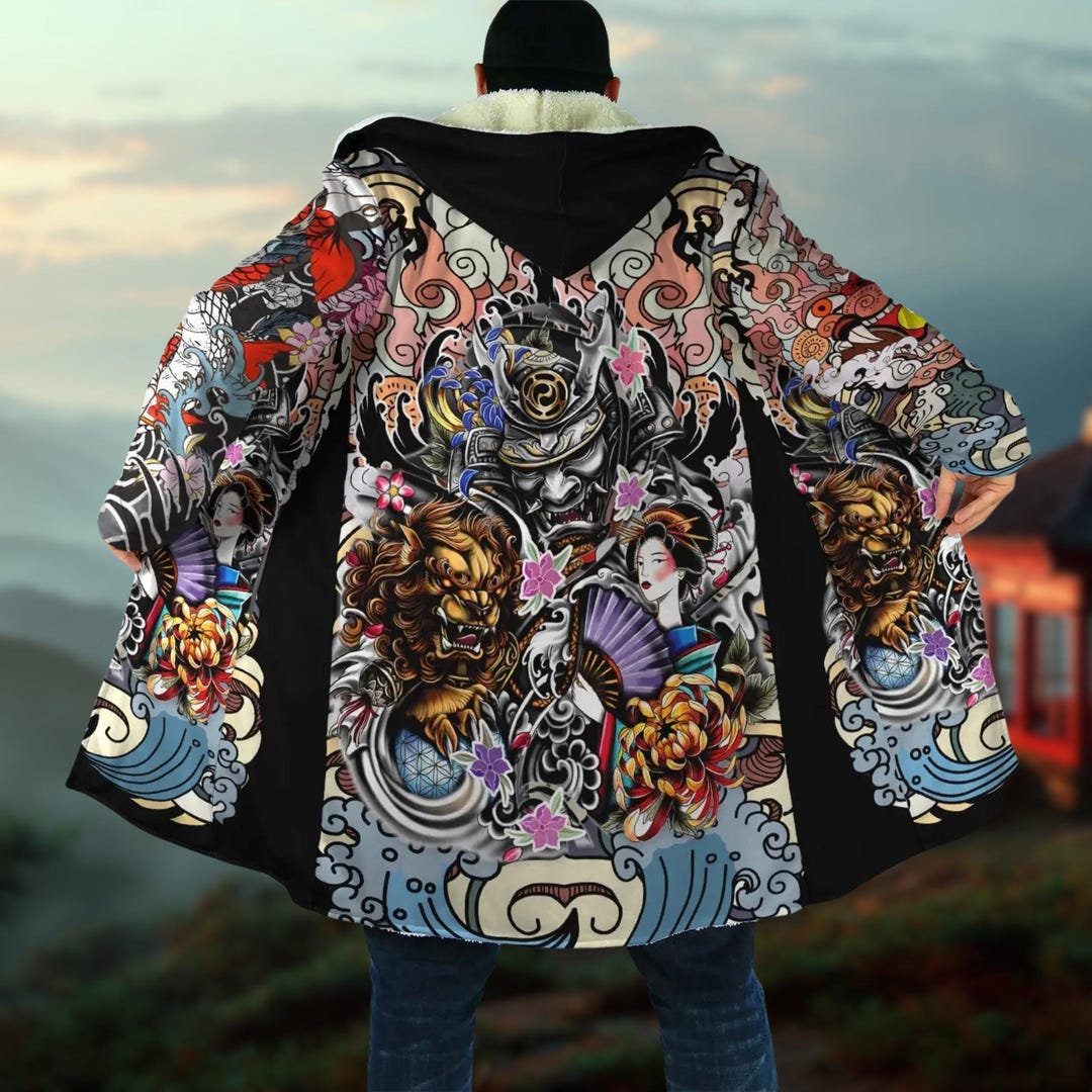 Japanese Samurai Geisha Hooded Cloak, Foo Dog Tattoo Fleece Jacket ...