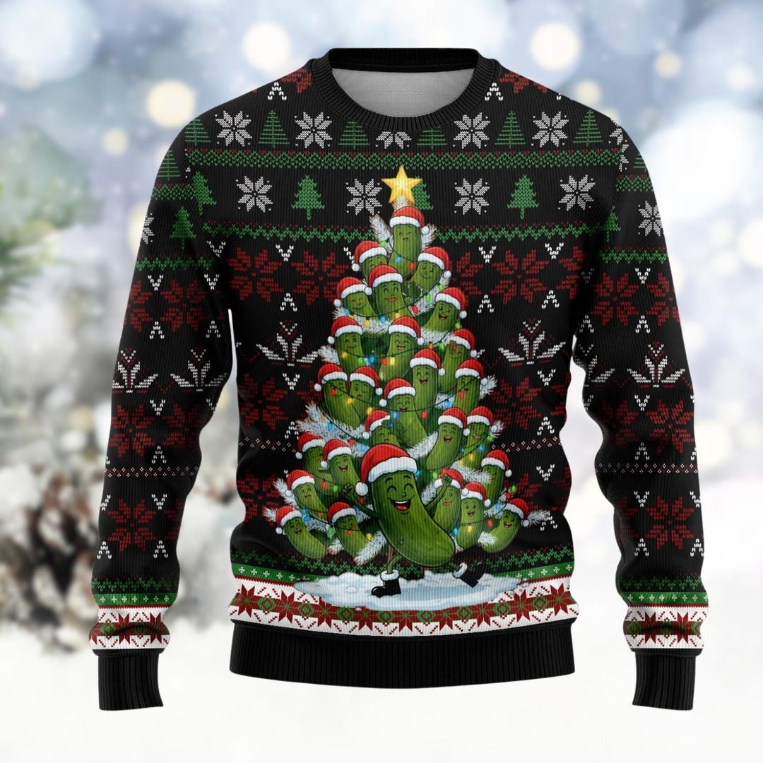 Funny Pickle Christmas Tree Ugly Sweater, Green Dill Pickles Santa Hat ...