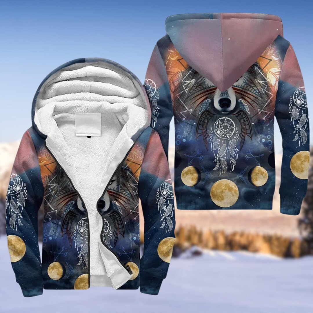 Wolf Dreamcatcher Fleece Zip Hoodie, Moon Phase Fleece Lined Jacket ...