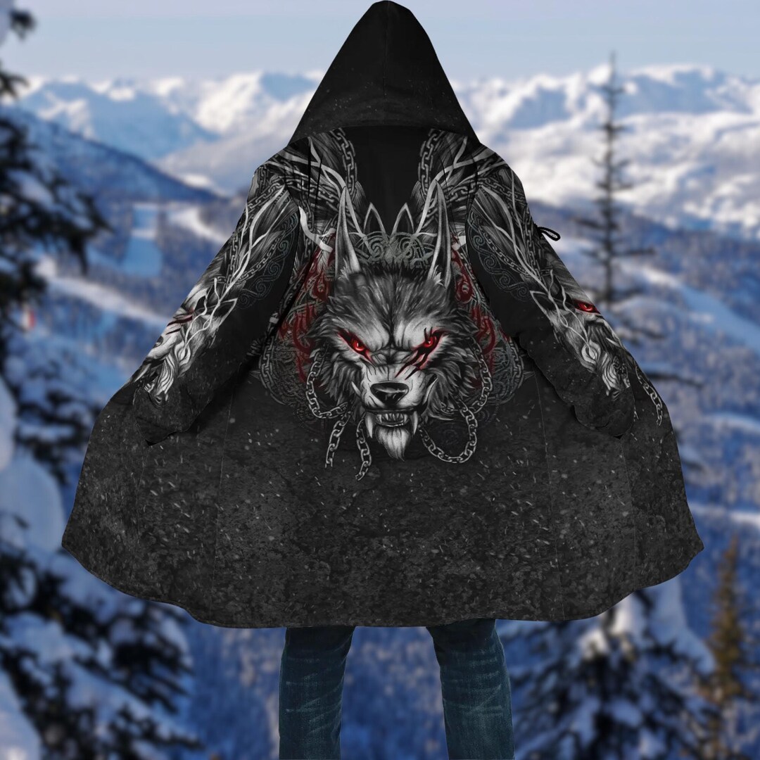 Fenrir Wolf Hooded Cloak Coat, Chained Viking Beast Jacket, Dark Norse ...