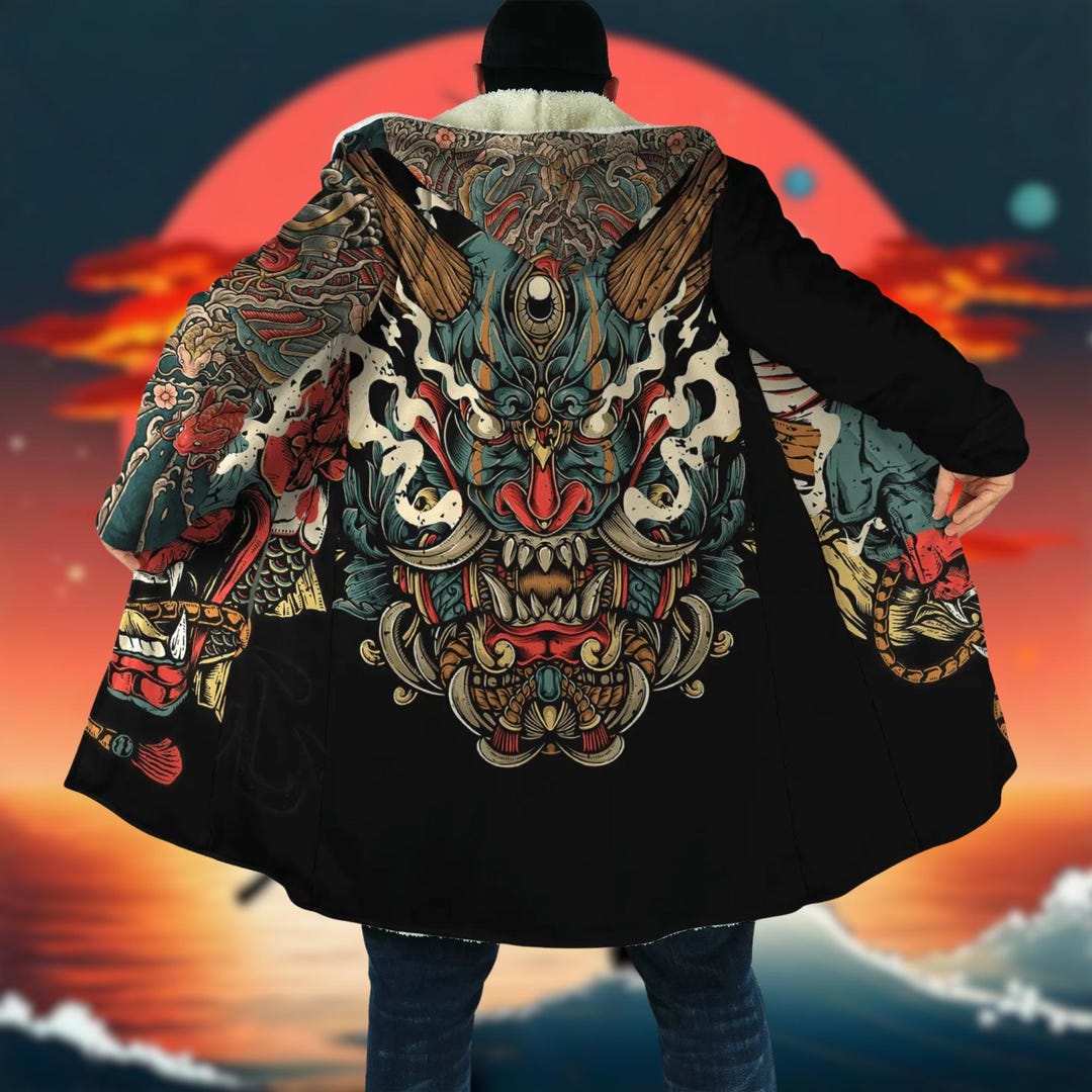 Japanese Oni Mask Hooded Cloak Coat, Demon Tattoo Art Jacket, Samurai ...