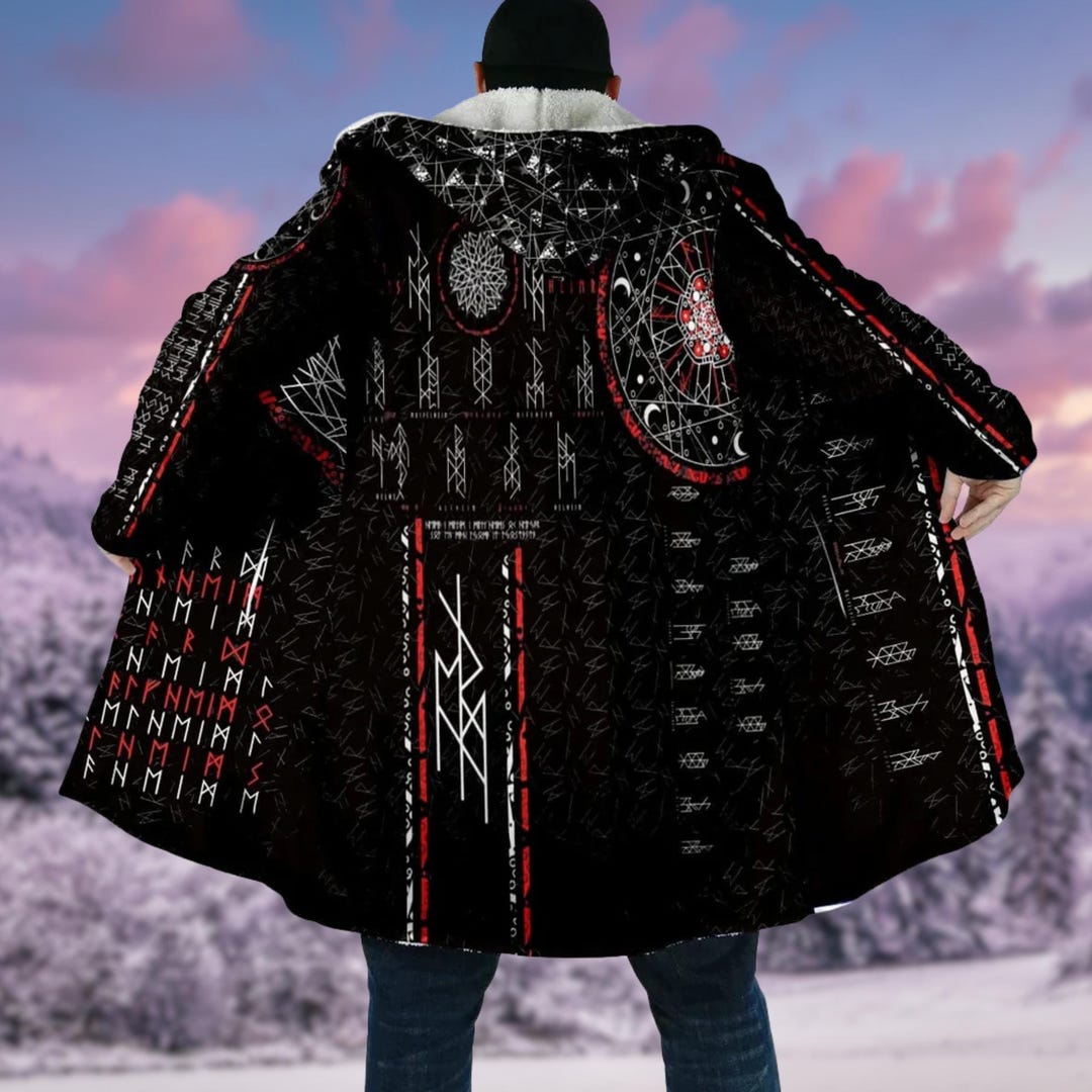 Viking Runes Hooded Cloak Coat, Norse Mythology Oversized Overcoat ...
