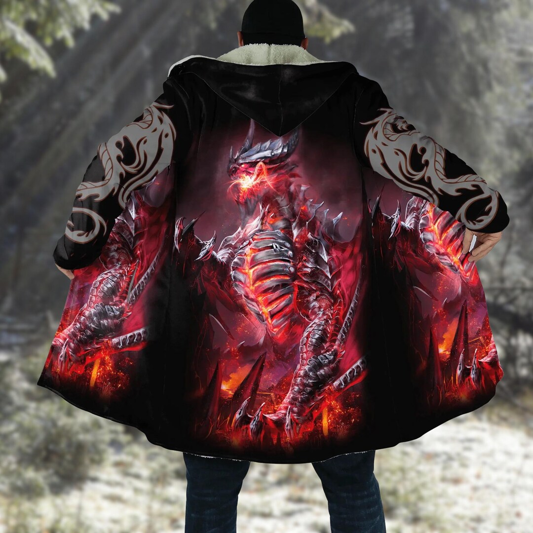 Fire Dragon Hooded Cloak Coat, Red and Black Fantasy Sherpa Lined ...