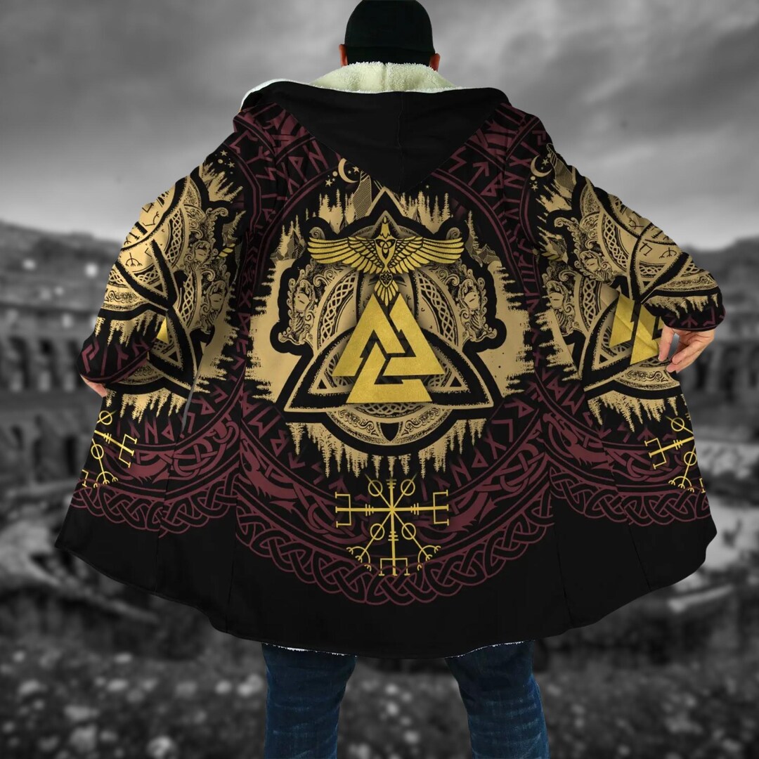 Viking Valknut Raven Hooded Cloak Coat, Gold Norse Runes Jacket, Odin ...