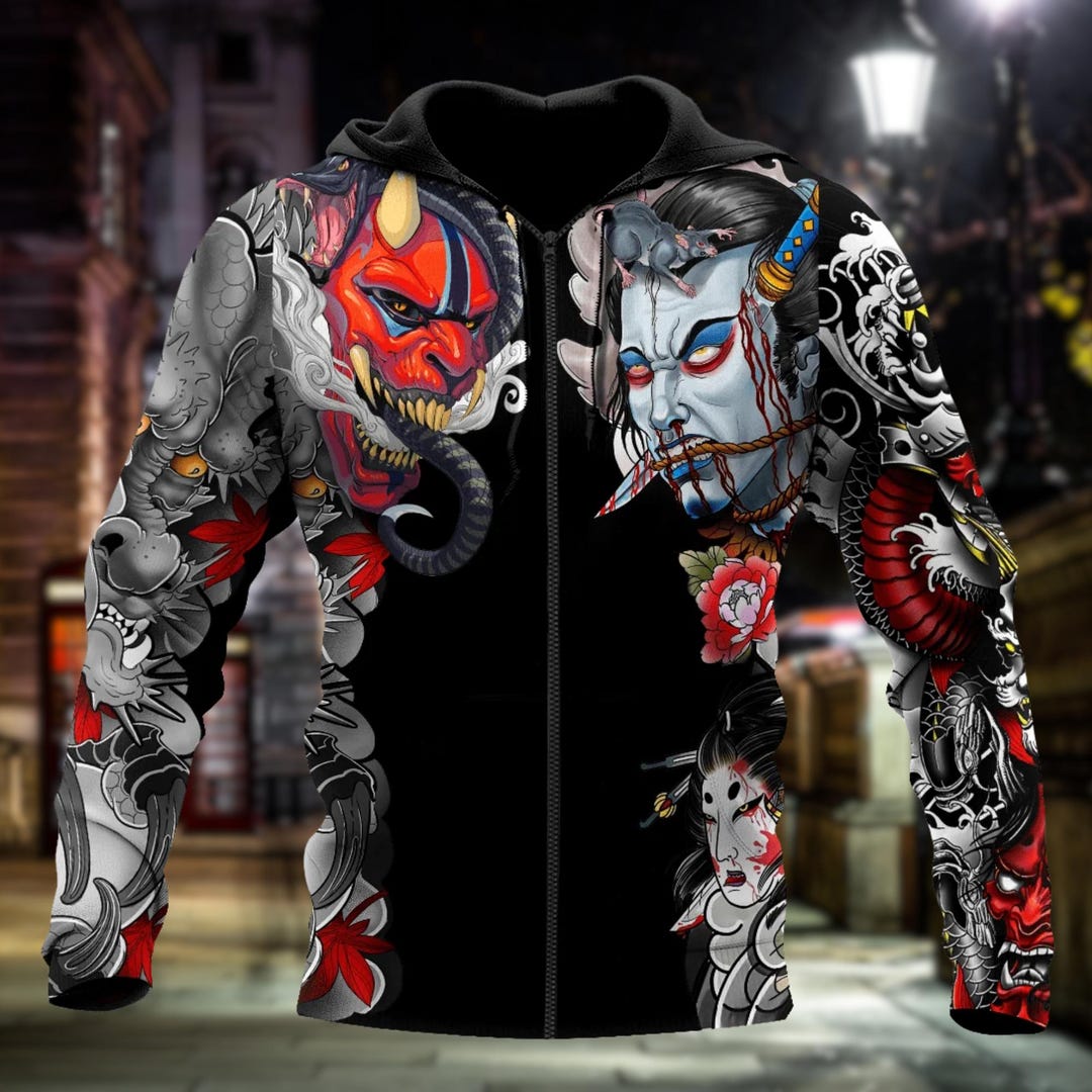 Japanese Hannya Oni Tattoo Hoodie, Dark Irezumi Demon Full Zip Jacket ...
