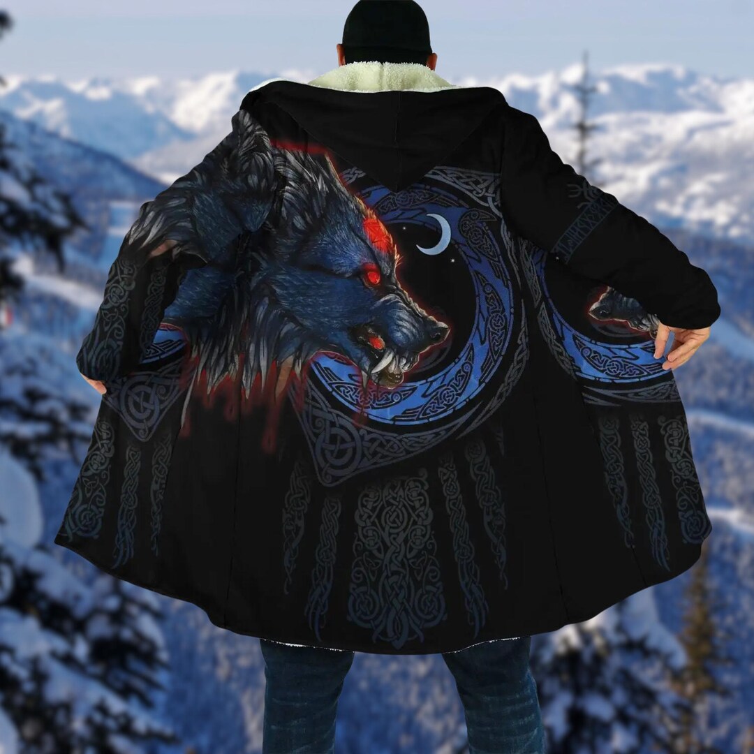 Fenrir Wolf Hooded Cloak Coat, Blue Celtic Moon Jacket, Viking Sherpa ...