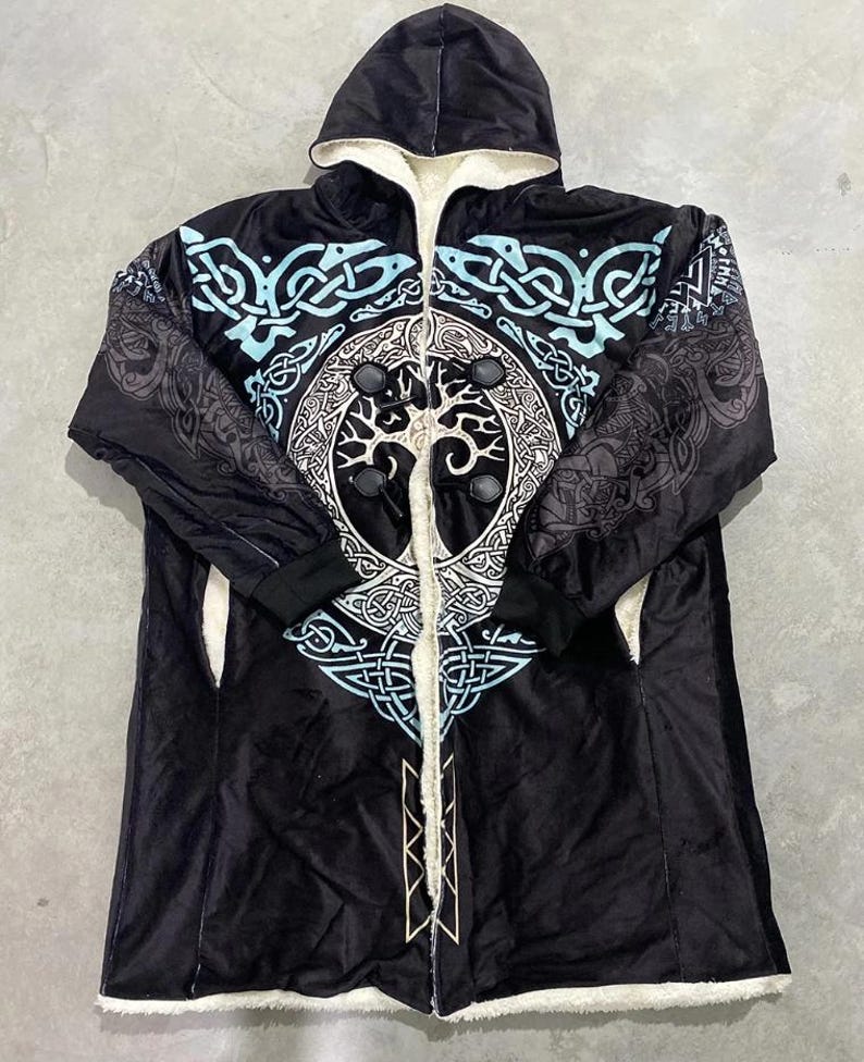 Yin Yang Black White Hooded Cloak Coat, Gothic Grunge Sherpa Lined ...