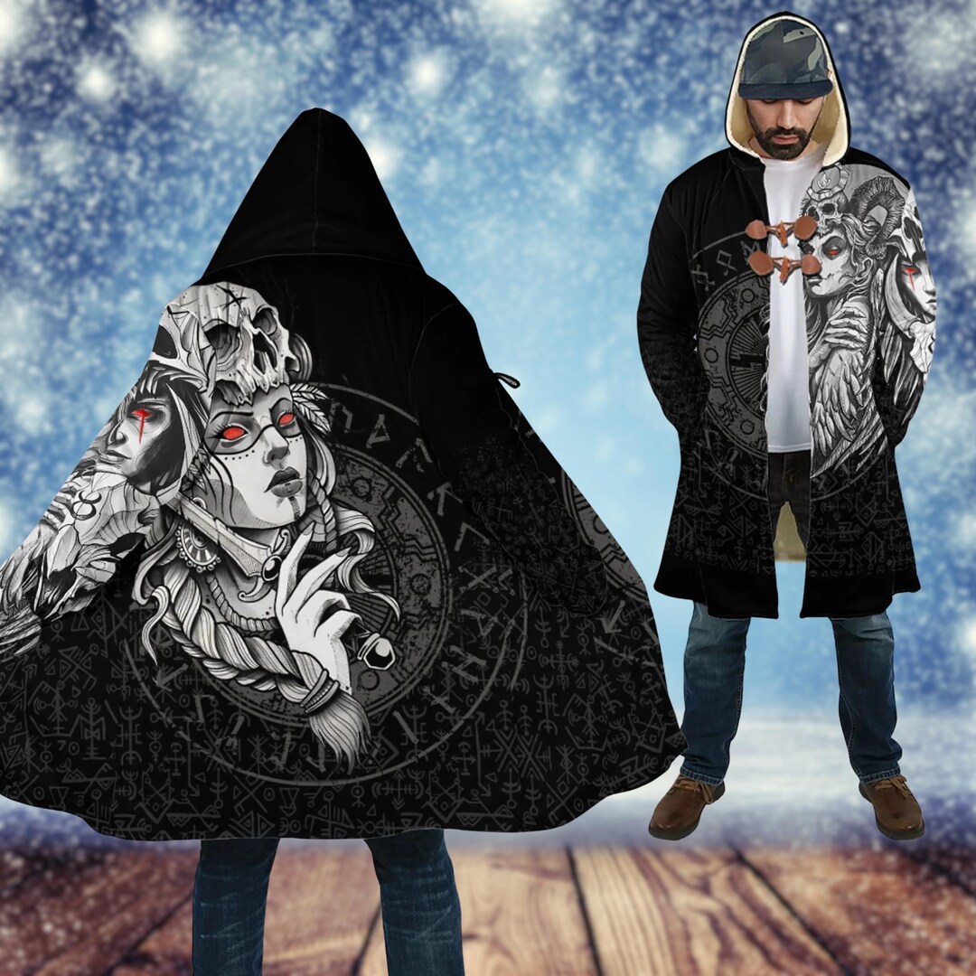 Gothic Rune Goddess Hooded Cloak Coat, Witch Pagan Skull Sherpa Lined ...