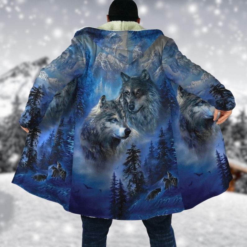 Mystical Blue Forest Wolves Hooded Cloak Coat, 3D Winter Snow Wolf ...