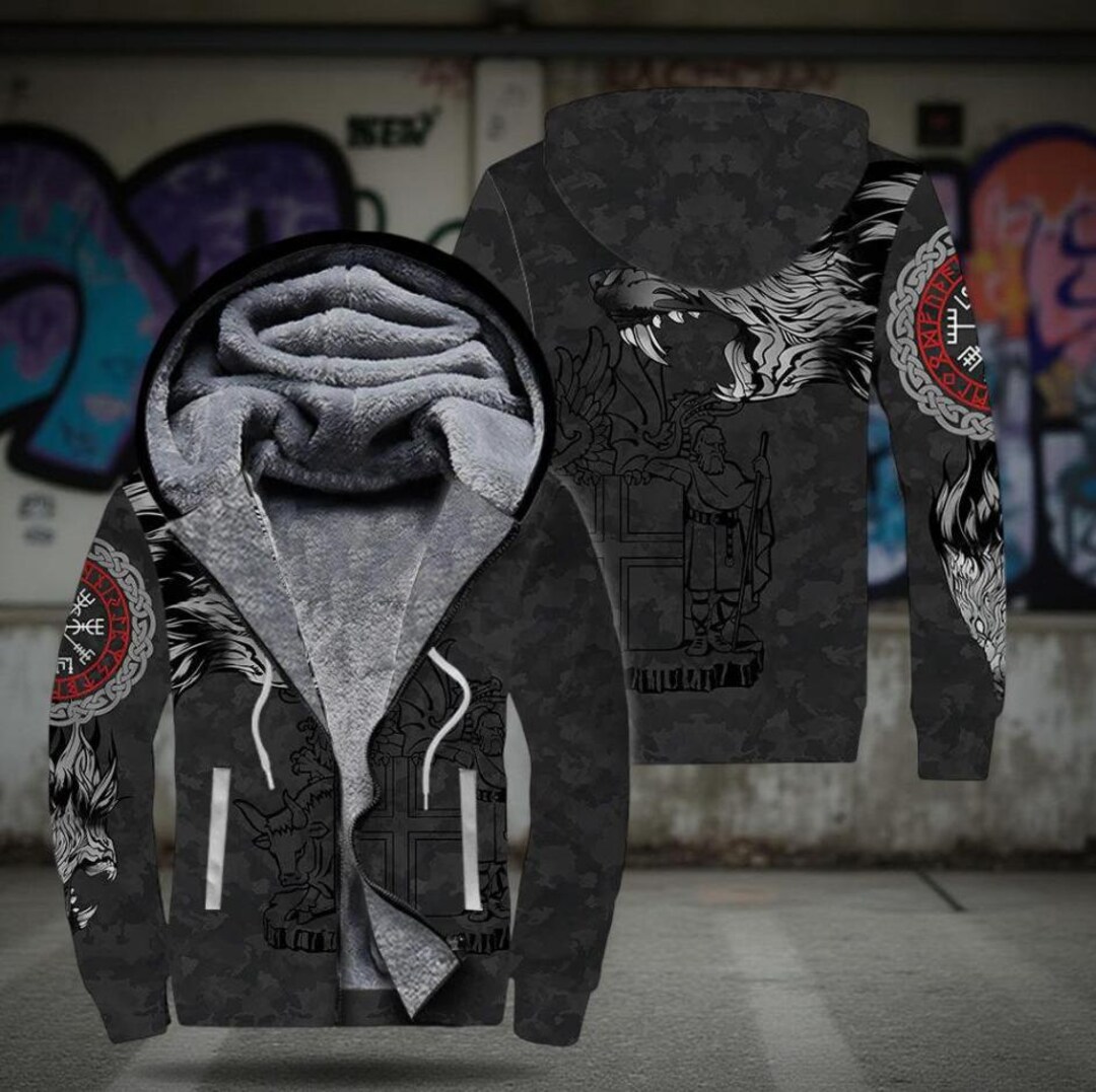 Iceland Fenrir Wolf Viking Hoodie, Vegvisir Symbol Fleece Zip Jacket ...