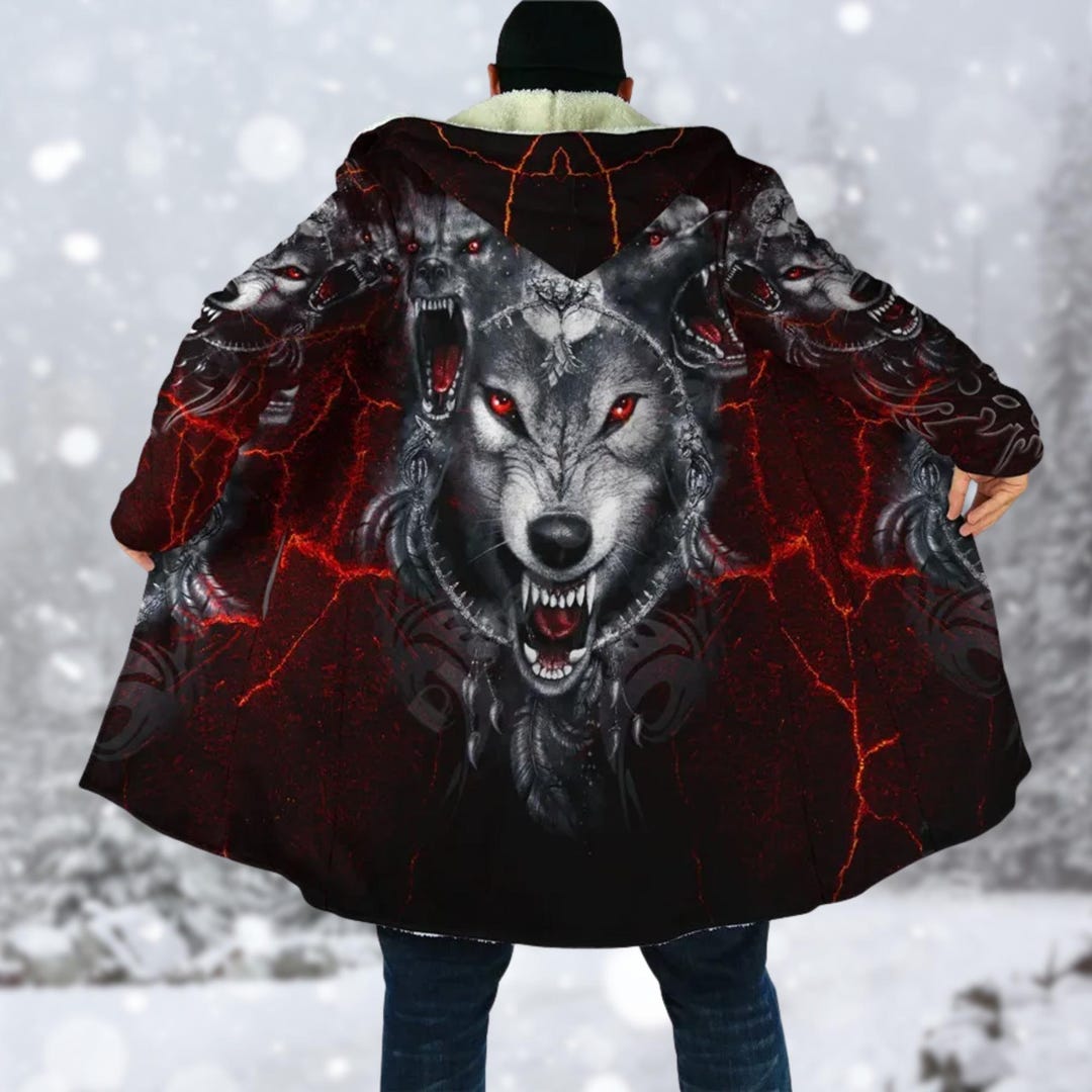 Angry Fenrir Wolf Hooded Cloak Coat, Red Lava Magma Jacket, Men's ...
