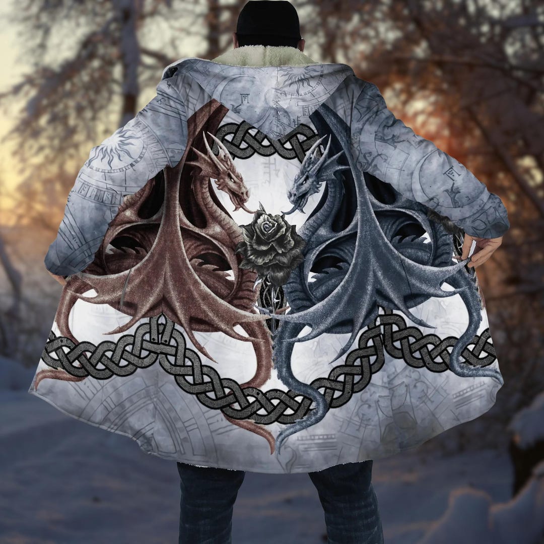 Yin Yang Dragons Hooded Cloak Coat, Celtic Knotwork Fantasy Oversized ...