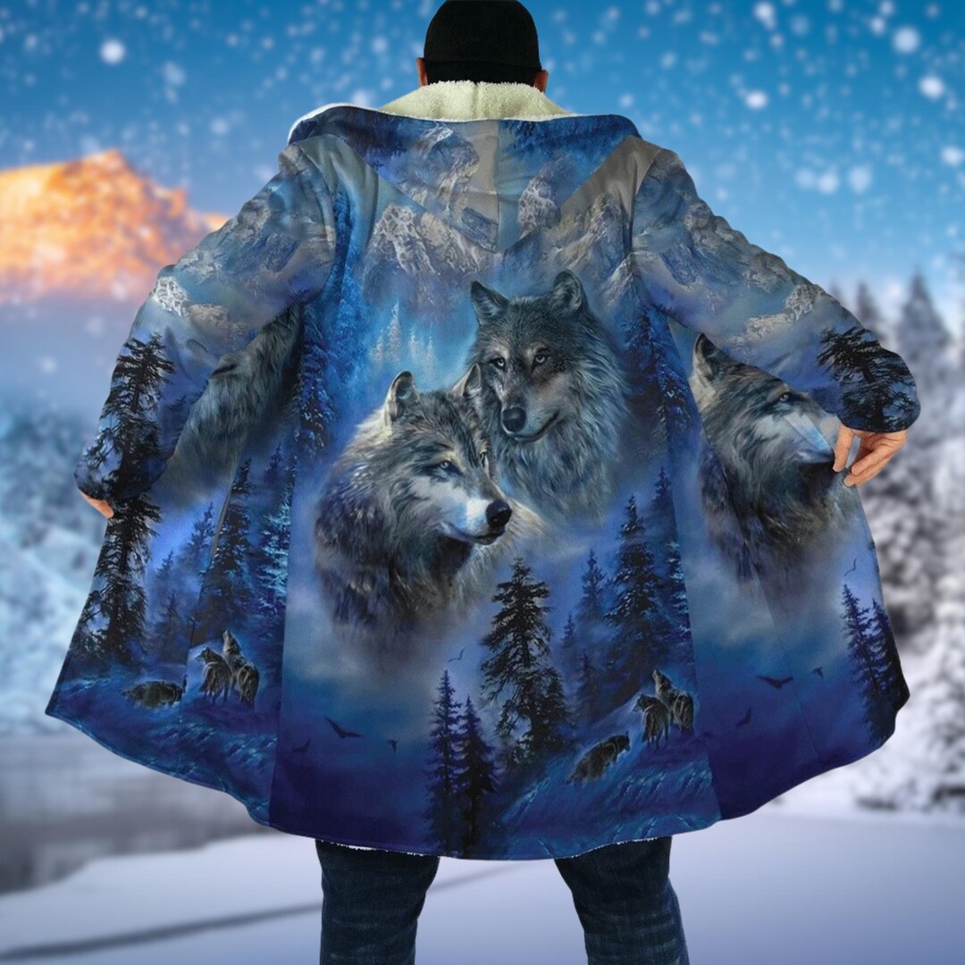 Mystical Blue Forest Wolves Hooded Cloak Coat, 3D Winter Snow Wolf ...
