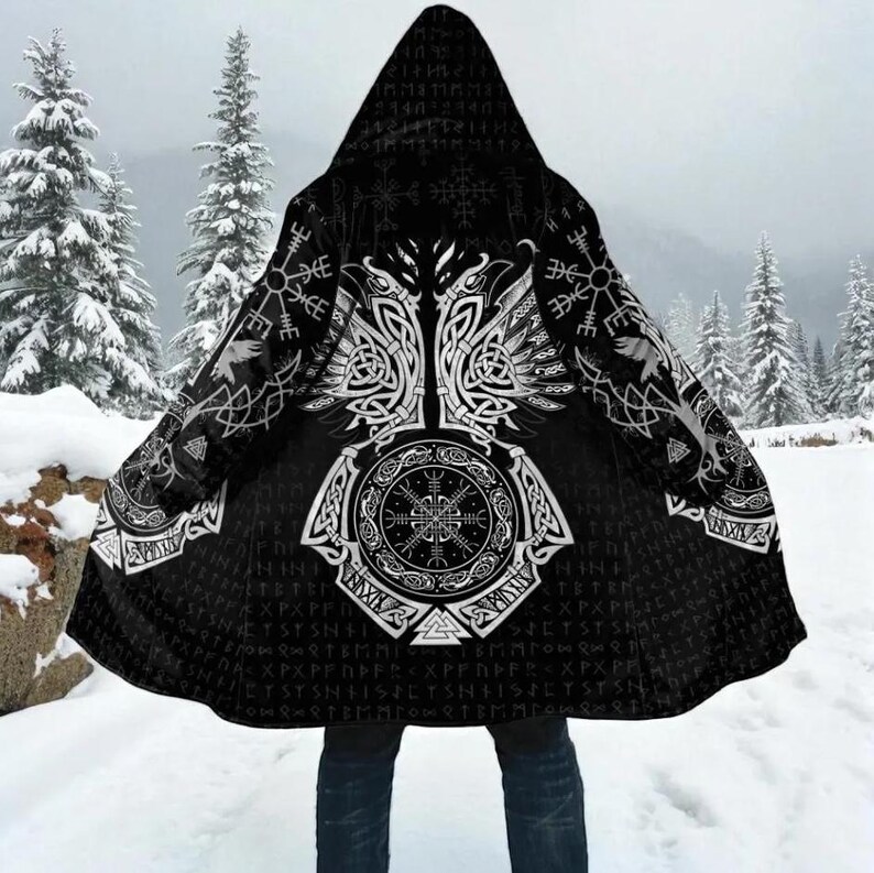 Nordic Viking Hooded Cloak Coat, Celtic Rune Symbol Long Jacket, Norse ...