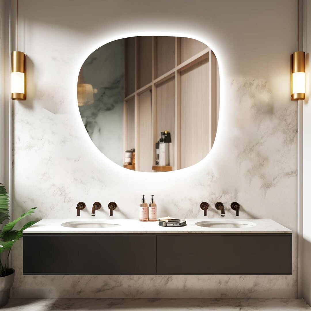 Asymmetrical LED Wall Mirror, Modern Lighted Bathroom Decor, Backlit ...
