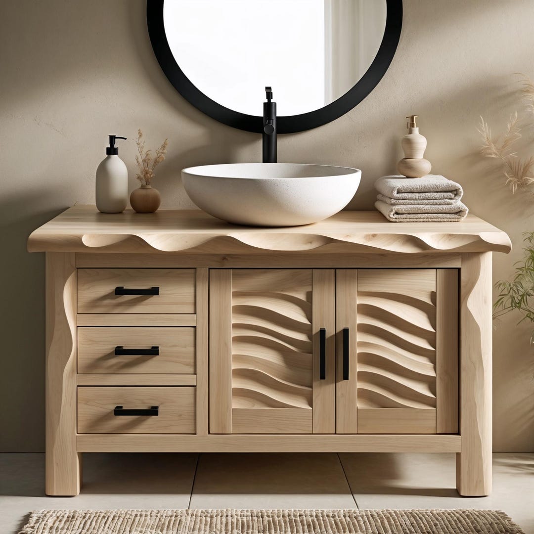 Wavy Live Edge Wood Bathroom Vanity, Solid Wood Sink Cabinet, Japandi ...