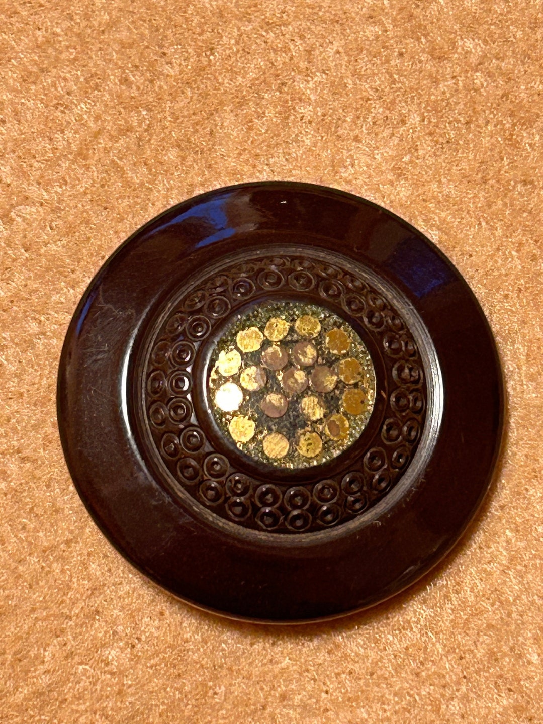 Vintage Brown Bakelite Button Carved Circular Design, Gold Center ...