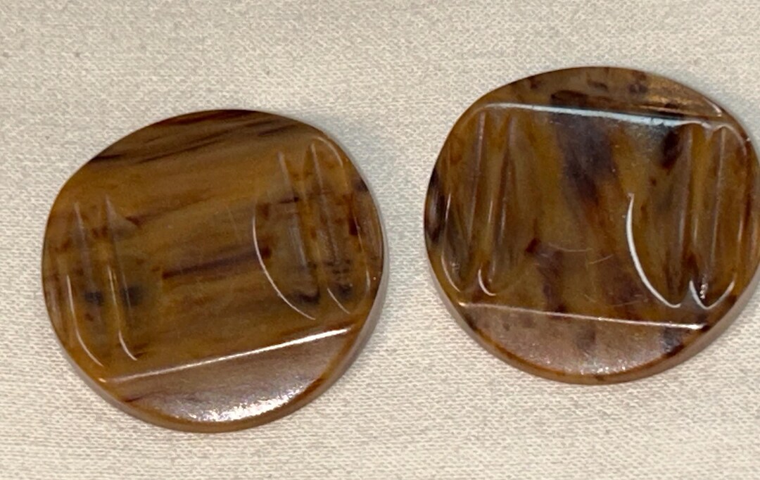 Set of 2 Pretty Vintage Large Plastic Buttons Golden Tan, Brown Accents ...