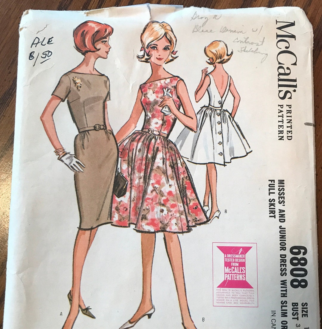 1960s Vintage Mccall's Pattern 6808 Junior One-piece Slim, Full Skirt ...