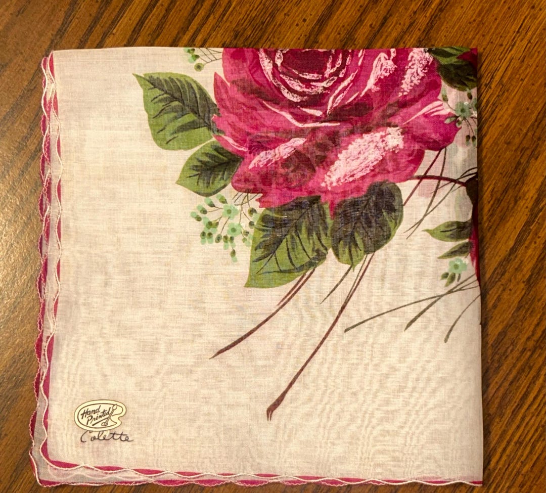 Beautiful Vintage Colette Hand Printed Cotton Hanky Large Dark Rose and ...