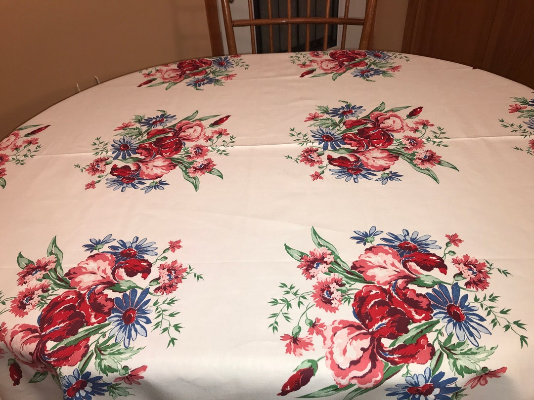 Excellent Vintage 1950s Floral Tablecloth Dramatic Bright Pink, Red ...