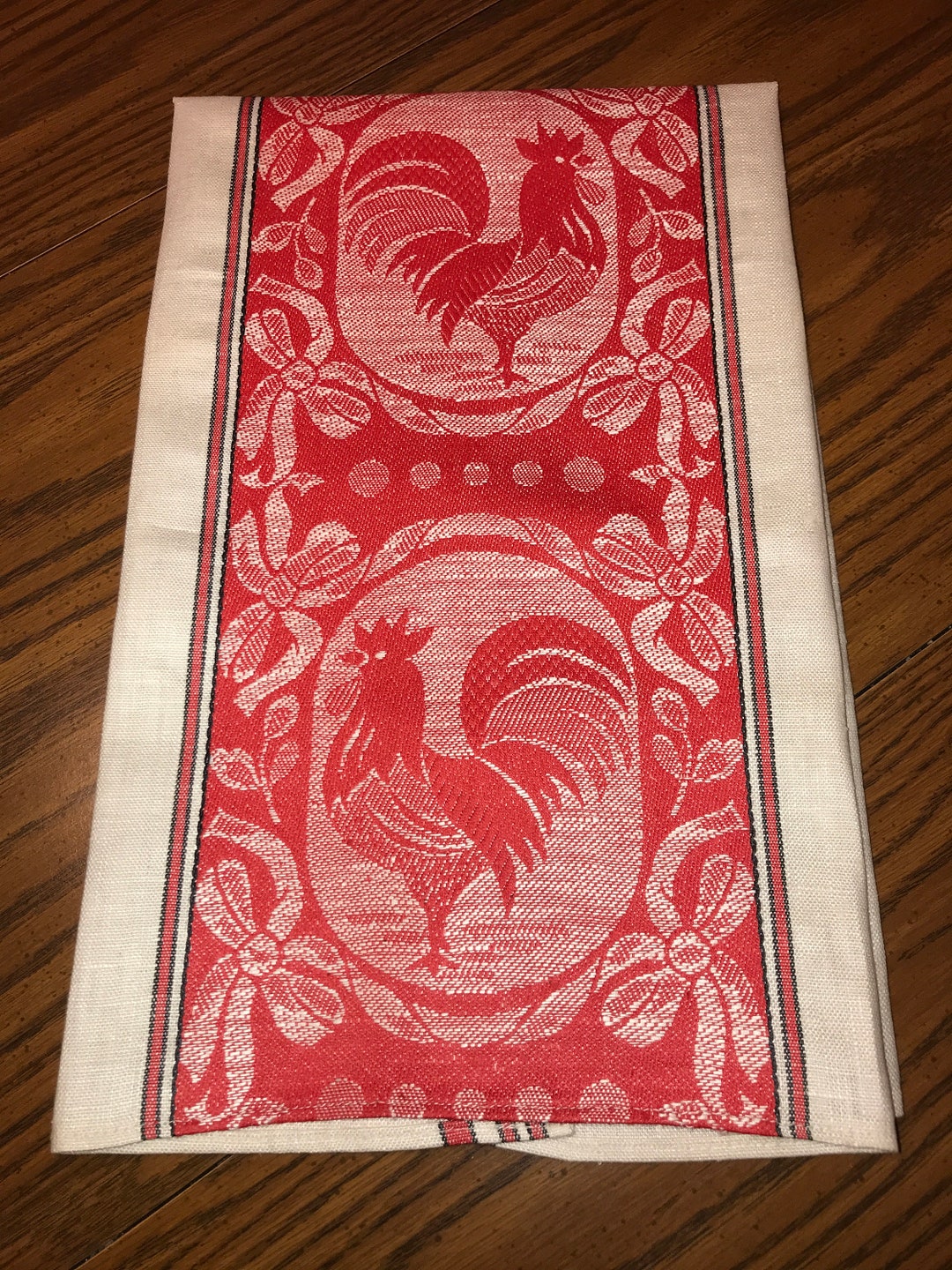 Vintage Linen Damask Kitchen Towel Red Rooster and Bows, Stripe 20 1/4 ...