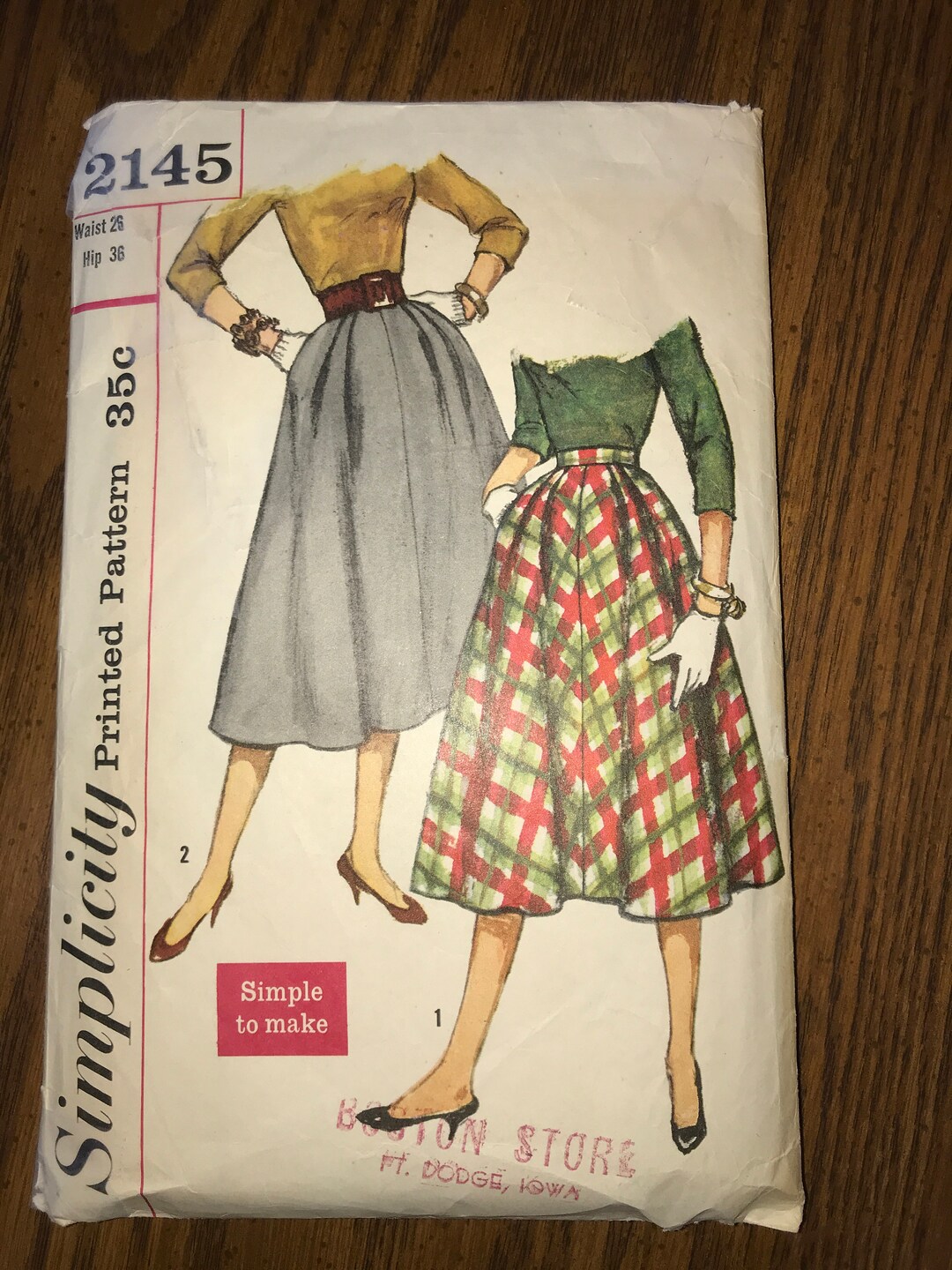Vintage 1950s Simplicity Pattern 2145, Misses Skirts Size Waist 26, Hip ...