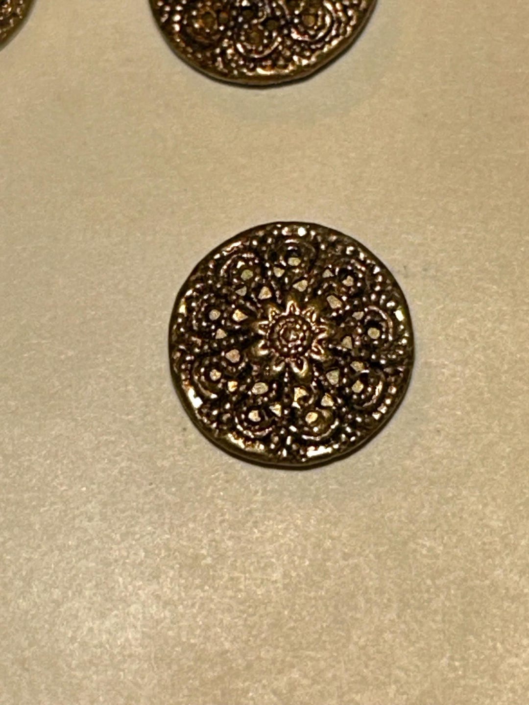 Set of 3 Antique Vintage Mirror Back Gold Metal Buttons Lacy Cutwork 1/ ...