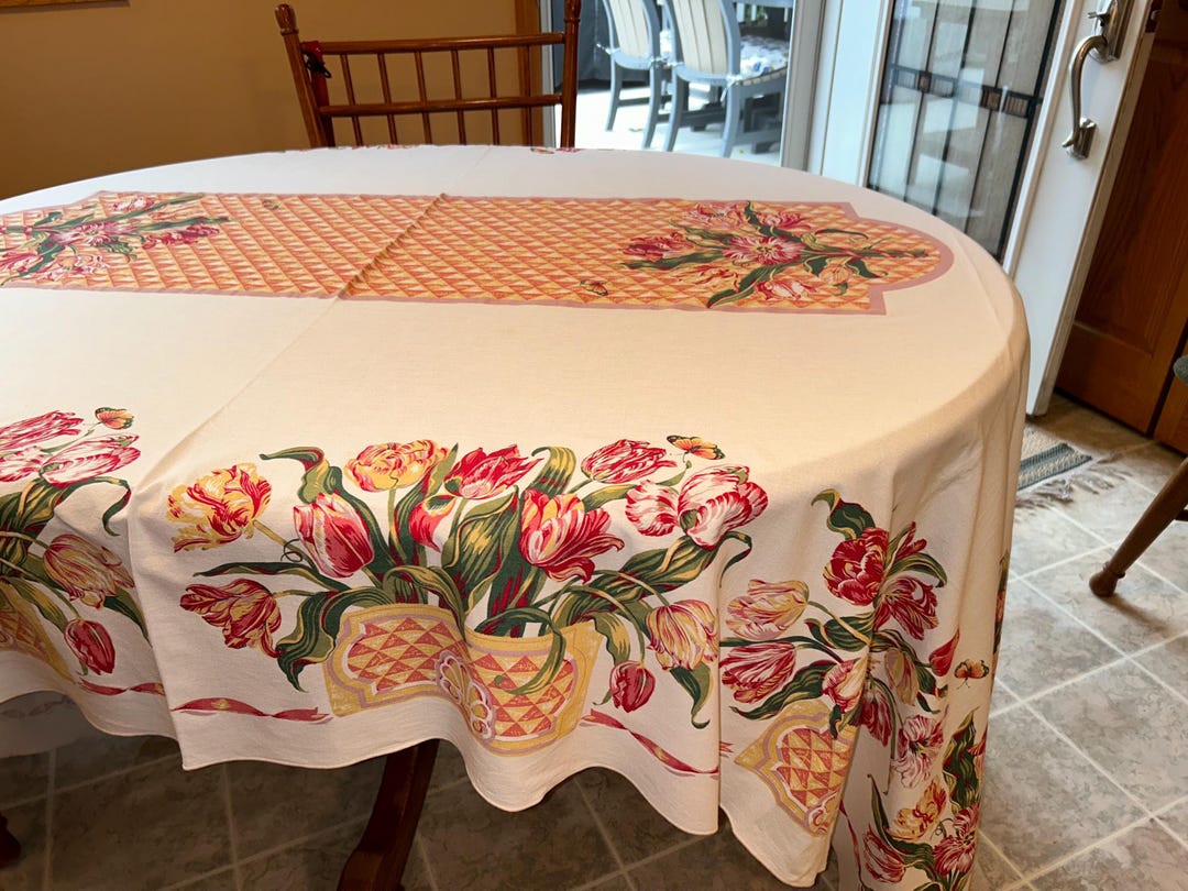 Excellent Vintage Homescape Cotton Floral Banquet Size Tablecloth ...