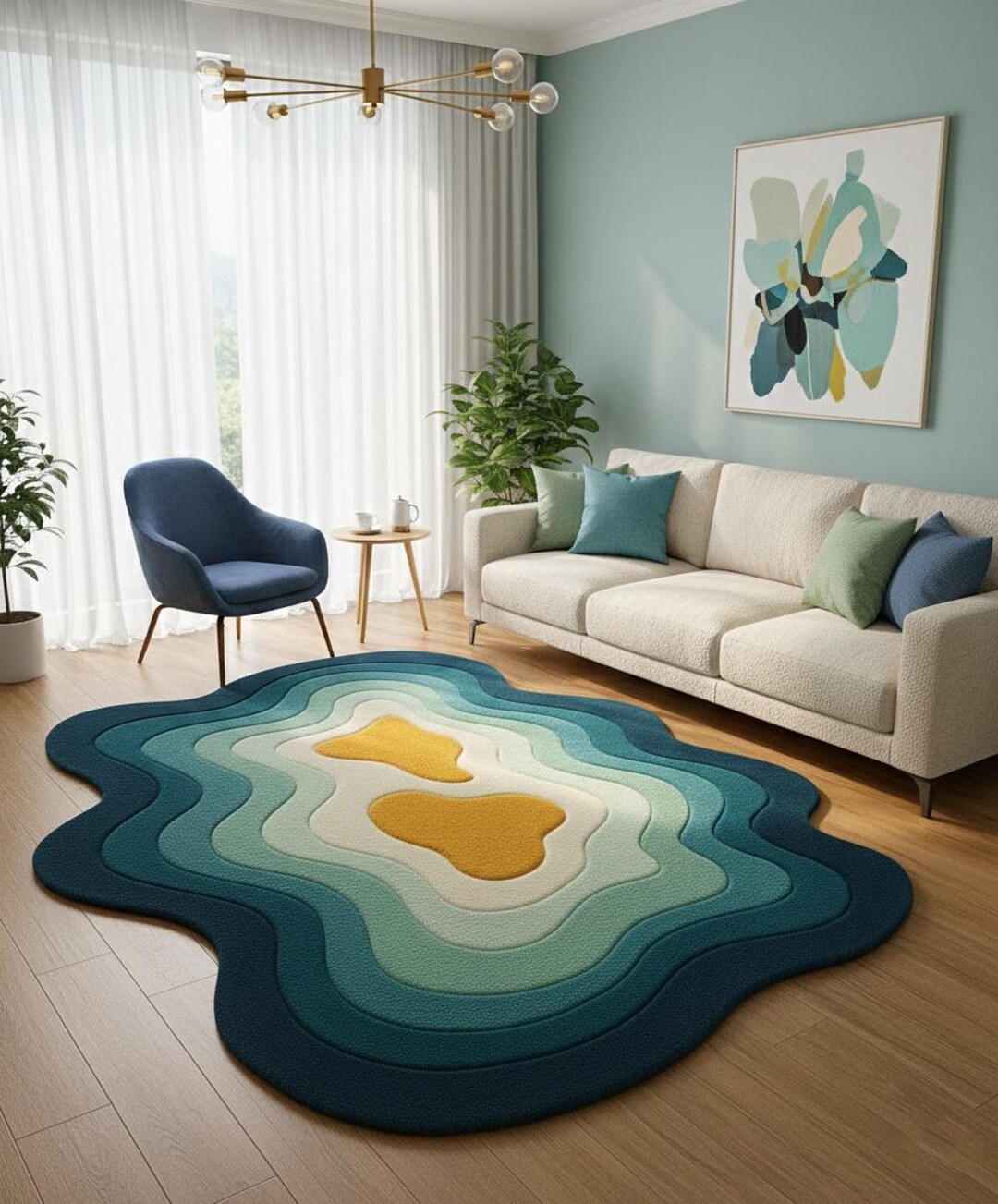Hand Tufted Blue Wavy Rug, Modern Abstract Layered Carpet, Soft ...