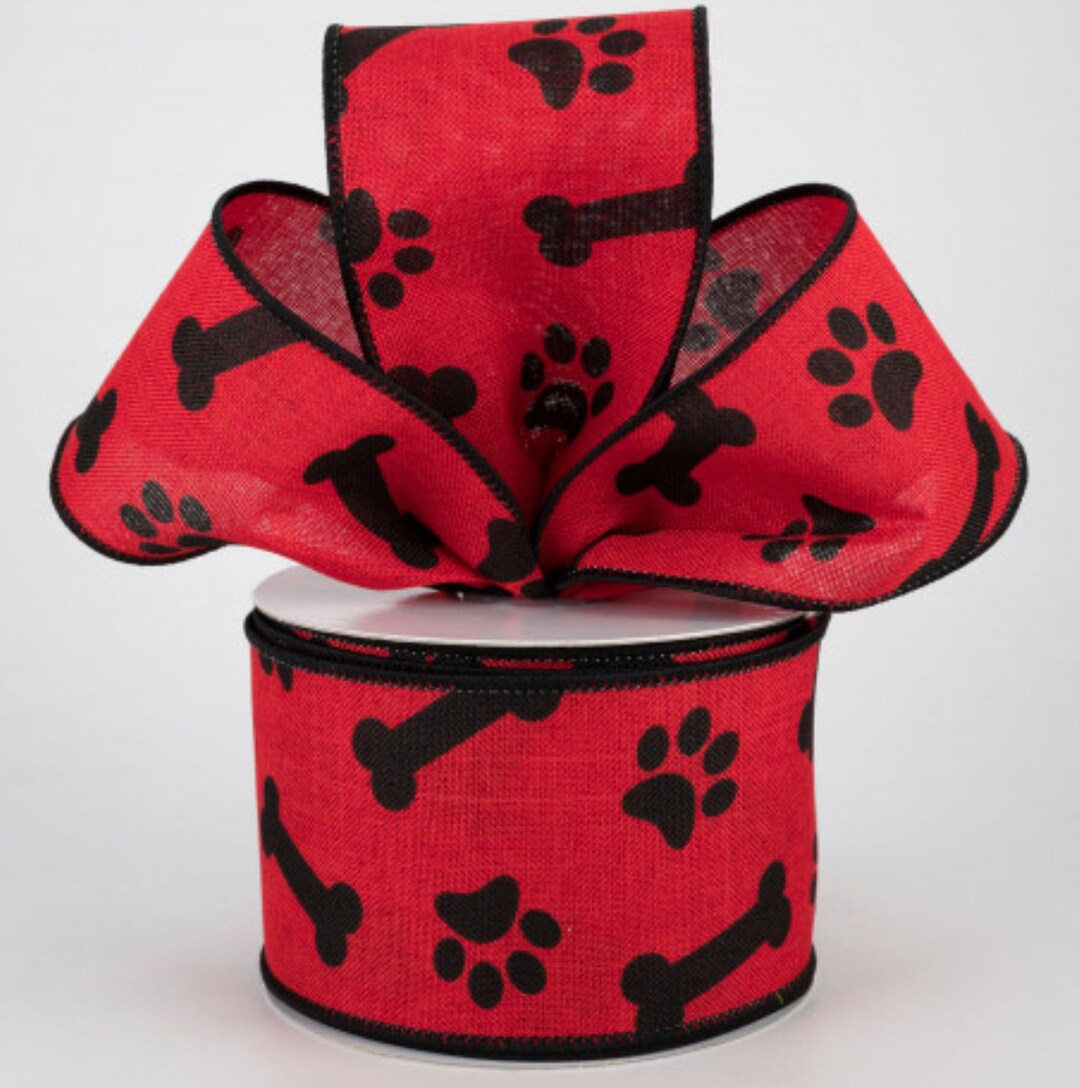 RED LINEN 2.5" Wired Ribbon BLACK Dog Bones Paw Print Doggy Puppy Pup ...