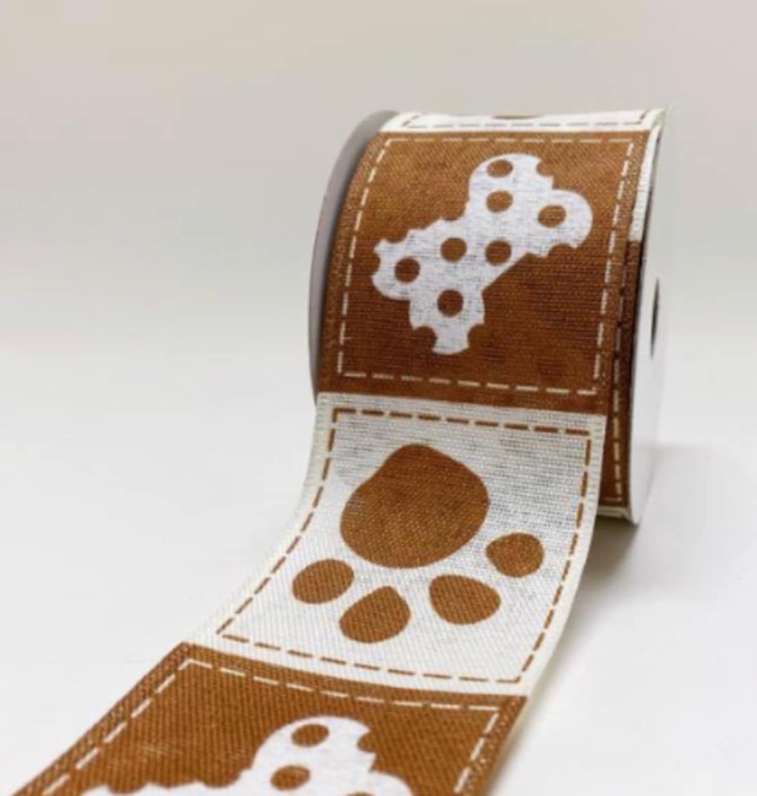 BROWN IVORY Paw Print Dashed Lines Wired Ribbon 2 1/2" Bones Doggy Dog ...