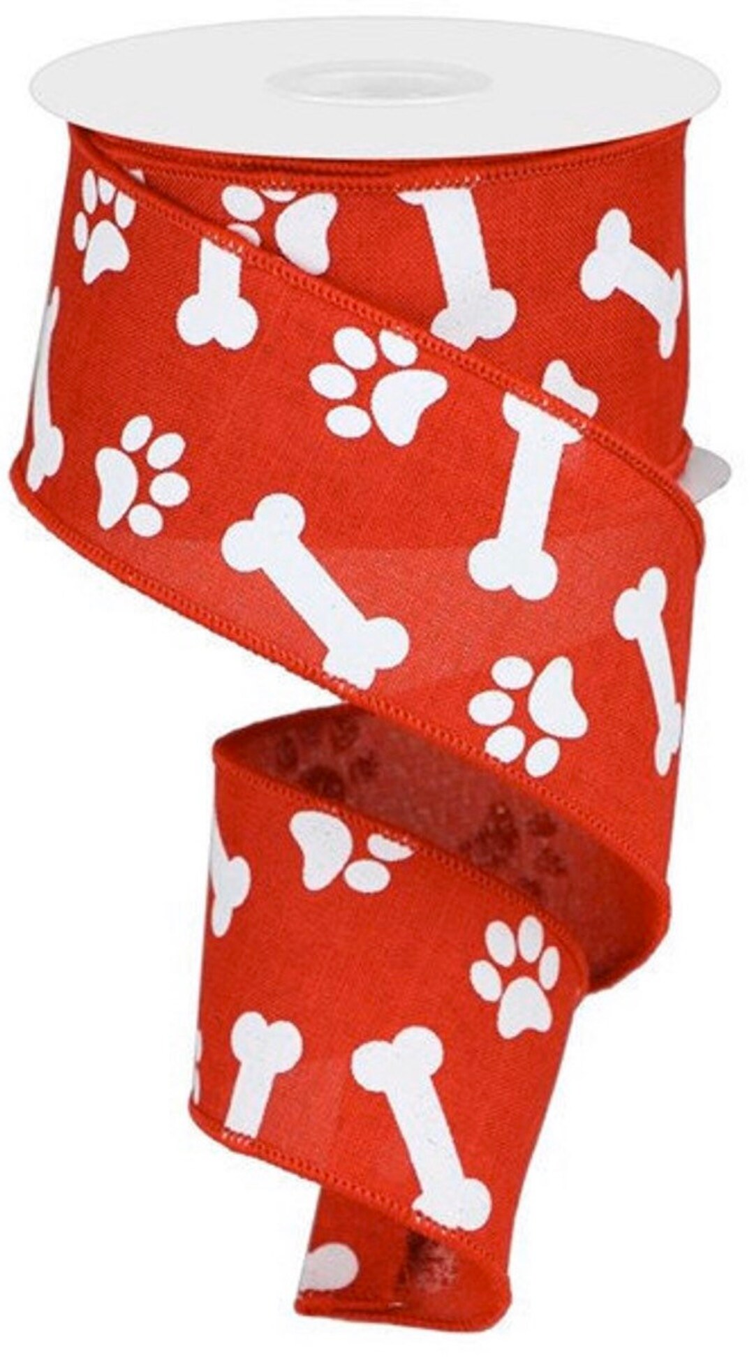 RED 2.5" Wired Linen Ribbon WHITE Dog Bones Paw Prints Doggy Pet Paws ...