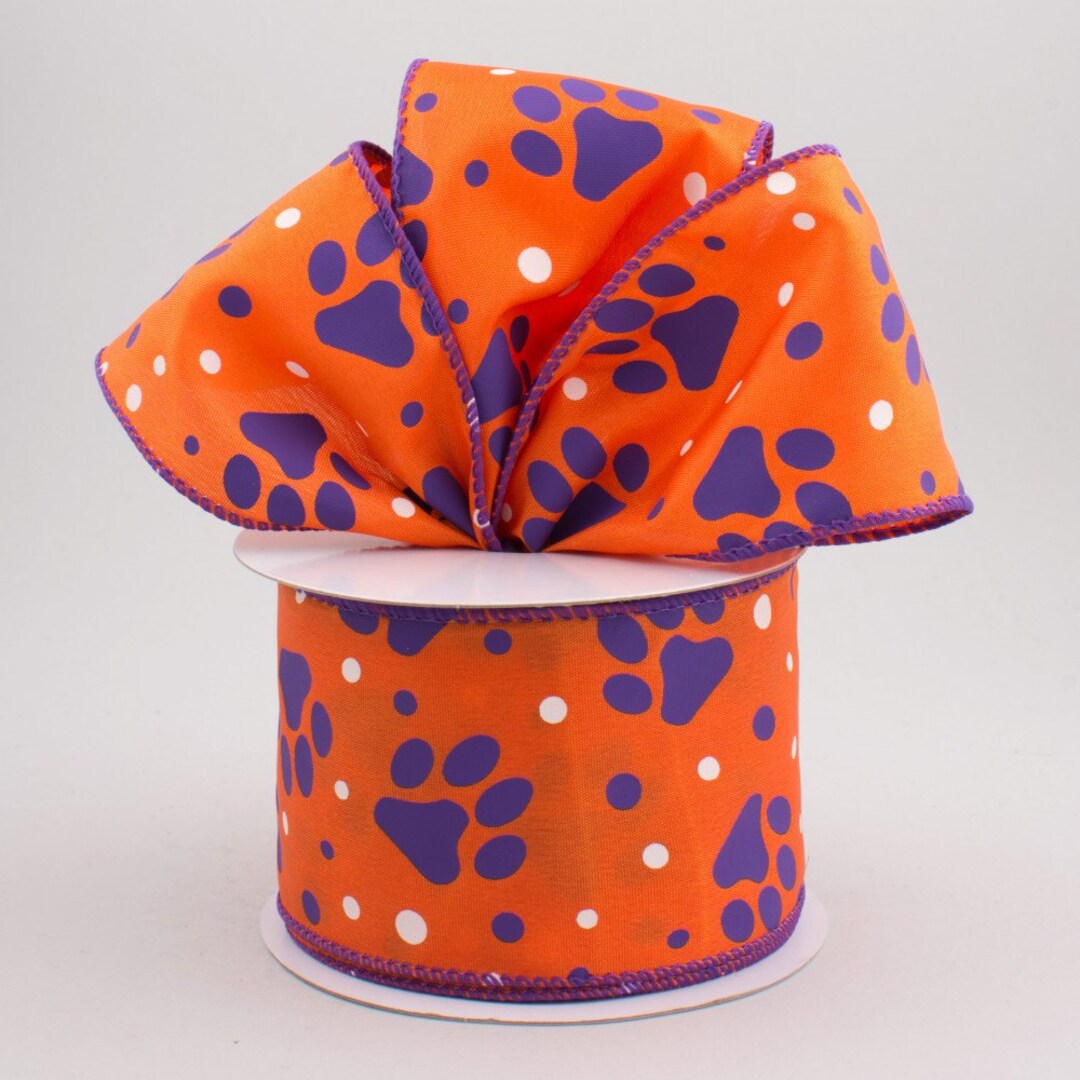 ORANGE SATIN Paw Print Wired Ribbon 2 1/2" PURPLE Pet Paws White Polka ...