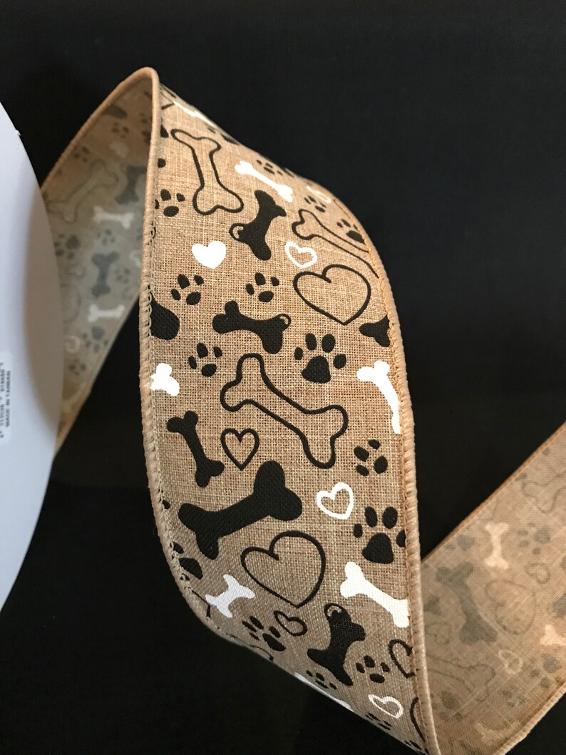 BEIGE Paw Print Wired Canvas Natural Ribbon 2 1/2" Black White DOG ...