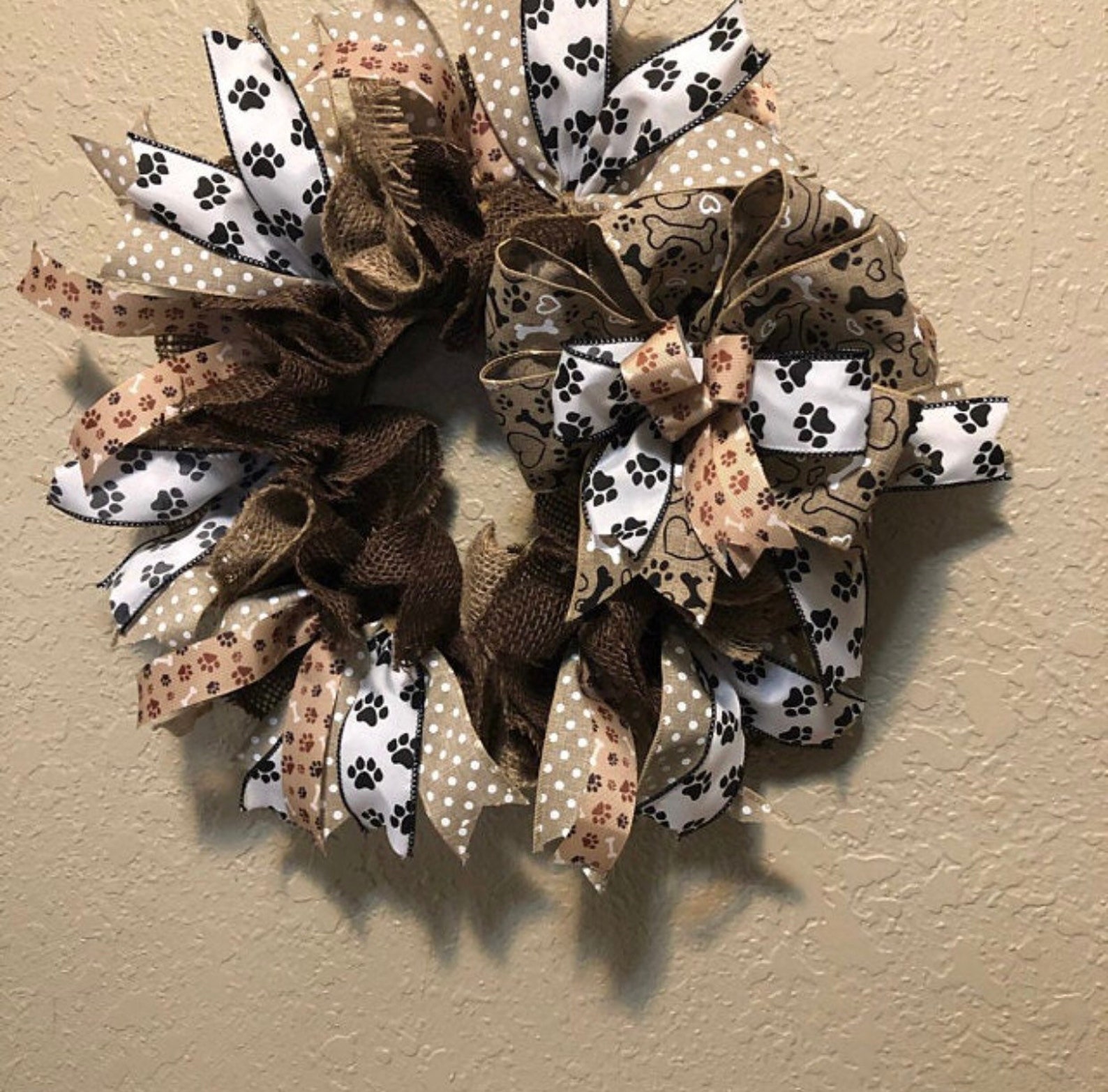 BEIGE Paw Print Wired Canvas Natural Ribbon 2 1/2" Black White DOG ...