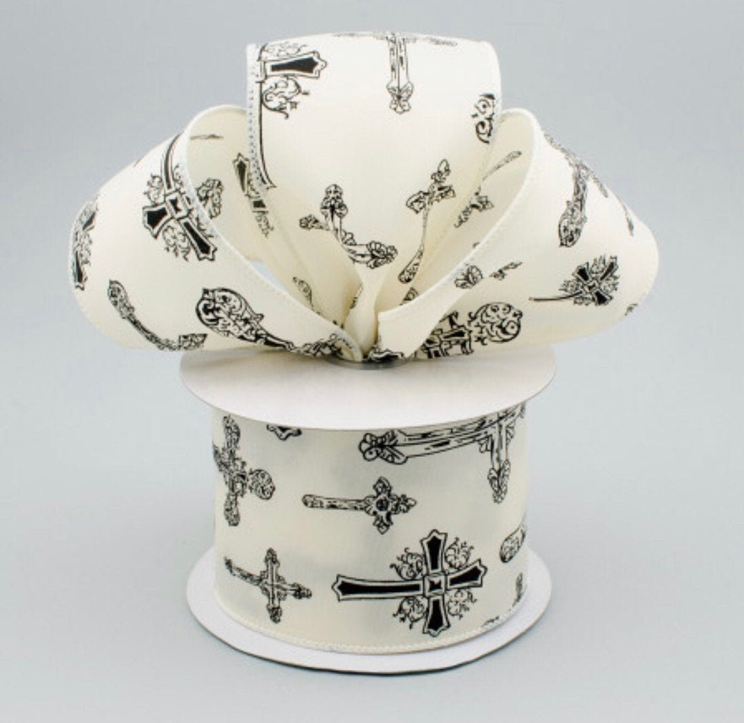 IVORY SATIN Ornate Cross Wired Ribbon Assorted BLACK Crosses 2 1/2 ...